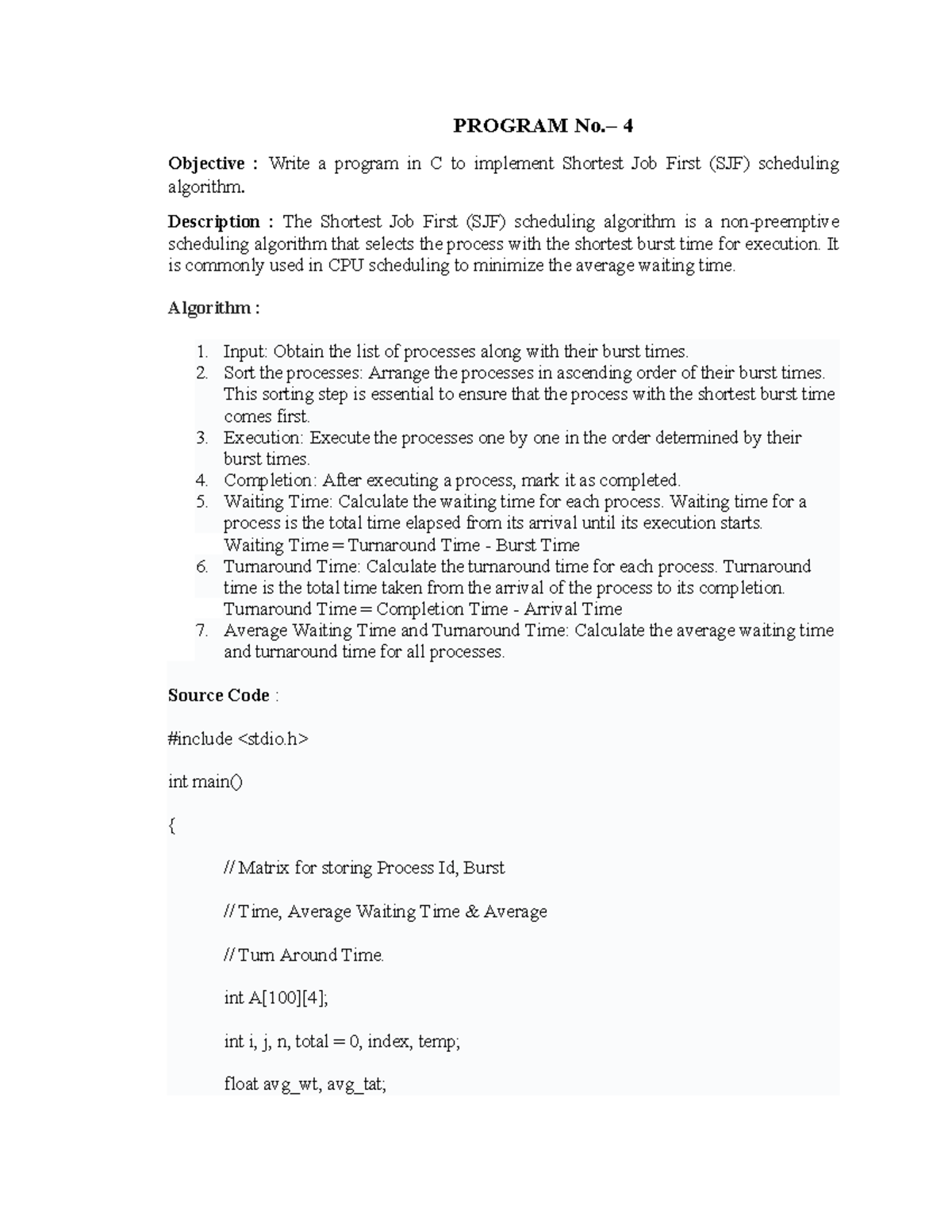 Program No 4 Good Program No 4 Objective Write A Program In C To Implement Shortest Job 9481