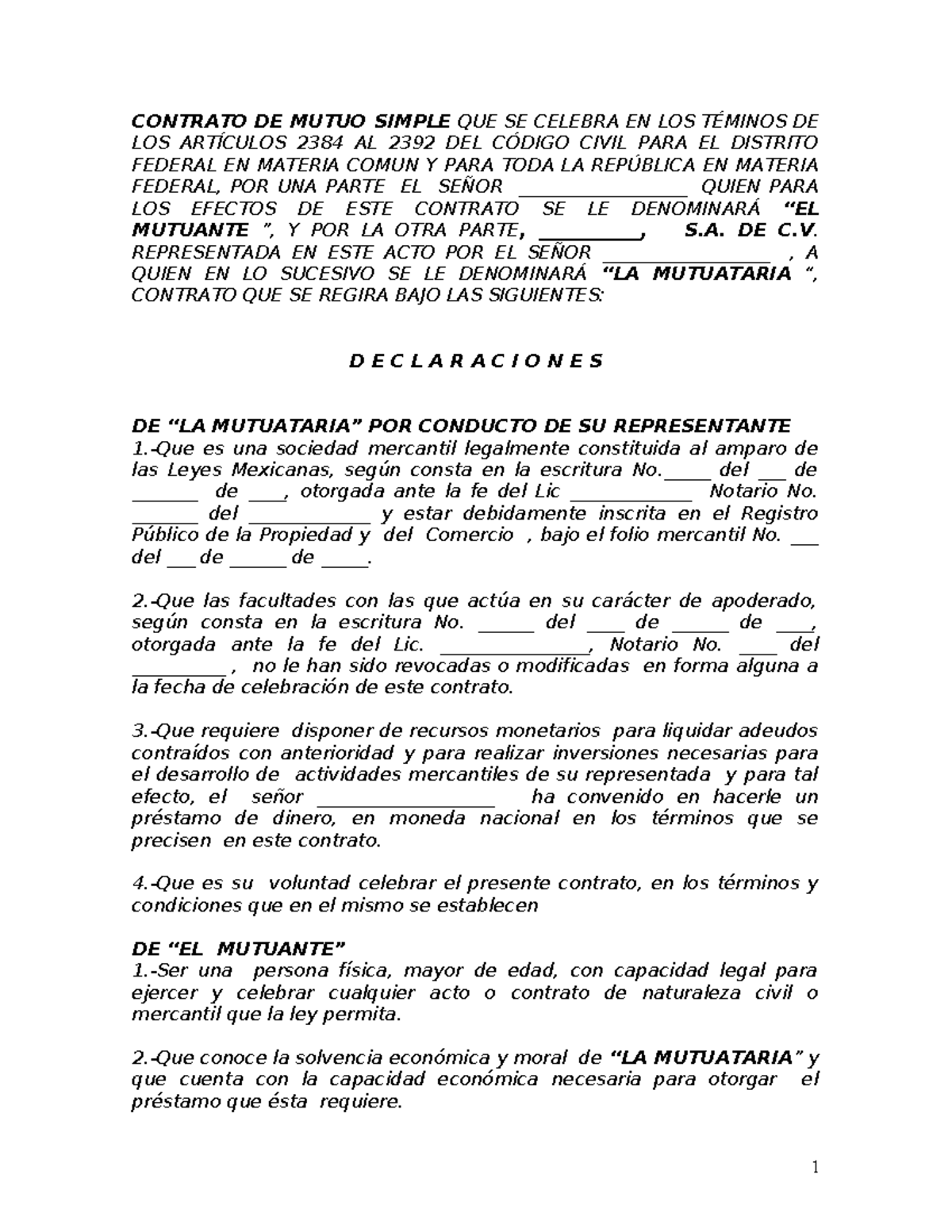 Contrato DE Mutuo Simple Formato - CONTRATO DE MUTUO SIMPLE QUE SE ...