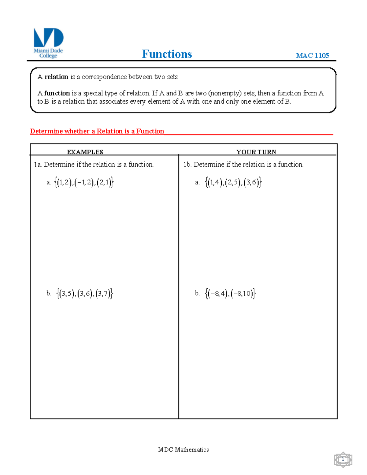 MAC1105Functions Sec.3.1 - MDC Mathematics Functions MAC 1105 Determine whether a Relation is a ...