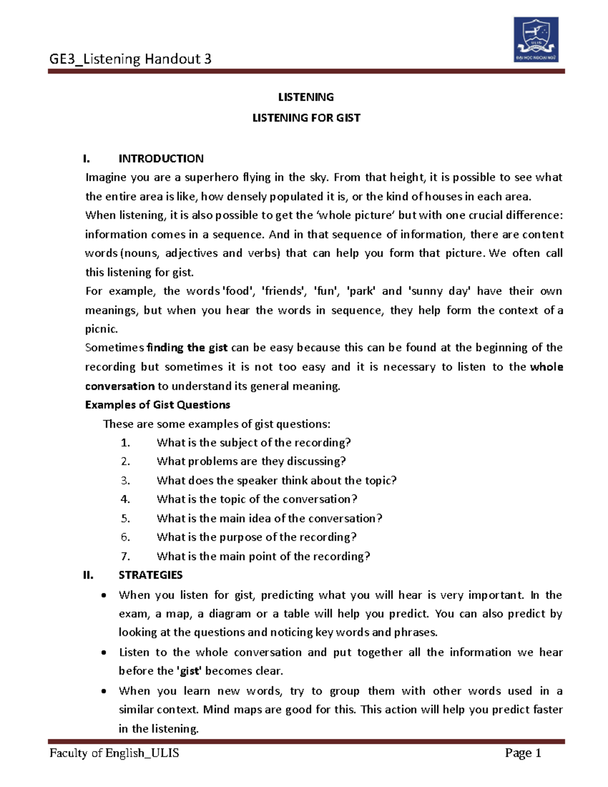 GE3 Listening handout 3 for Ss - LISTENING LISTENING FOR GIST I ...