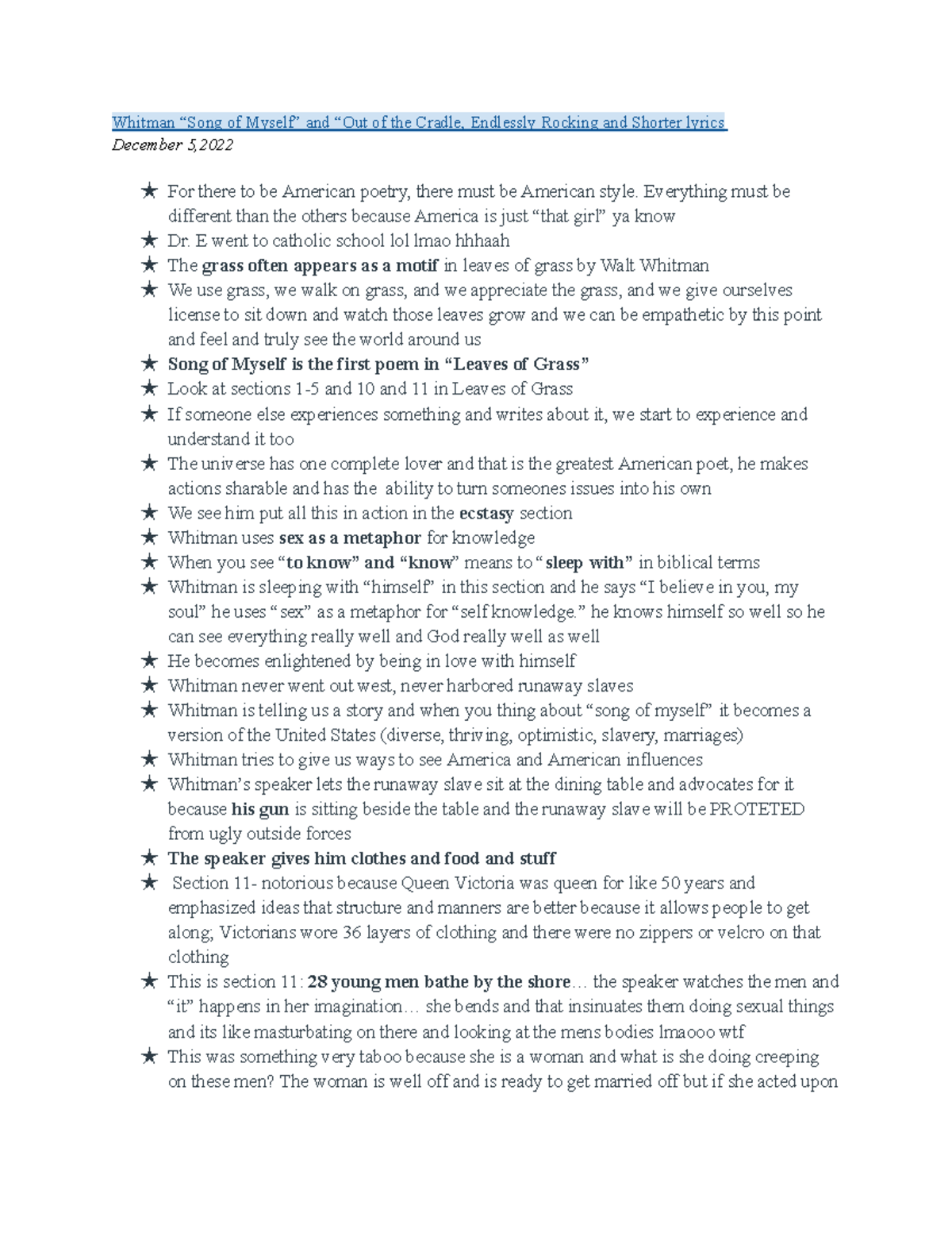 American Lit Whitman “Song of Myself” - Whitman “Song of Myself” and ...