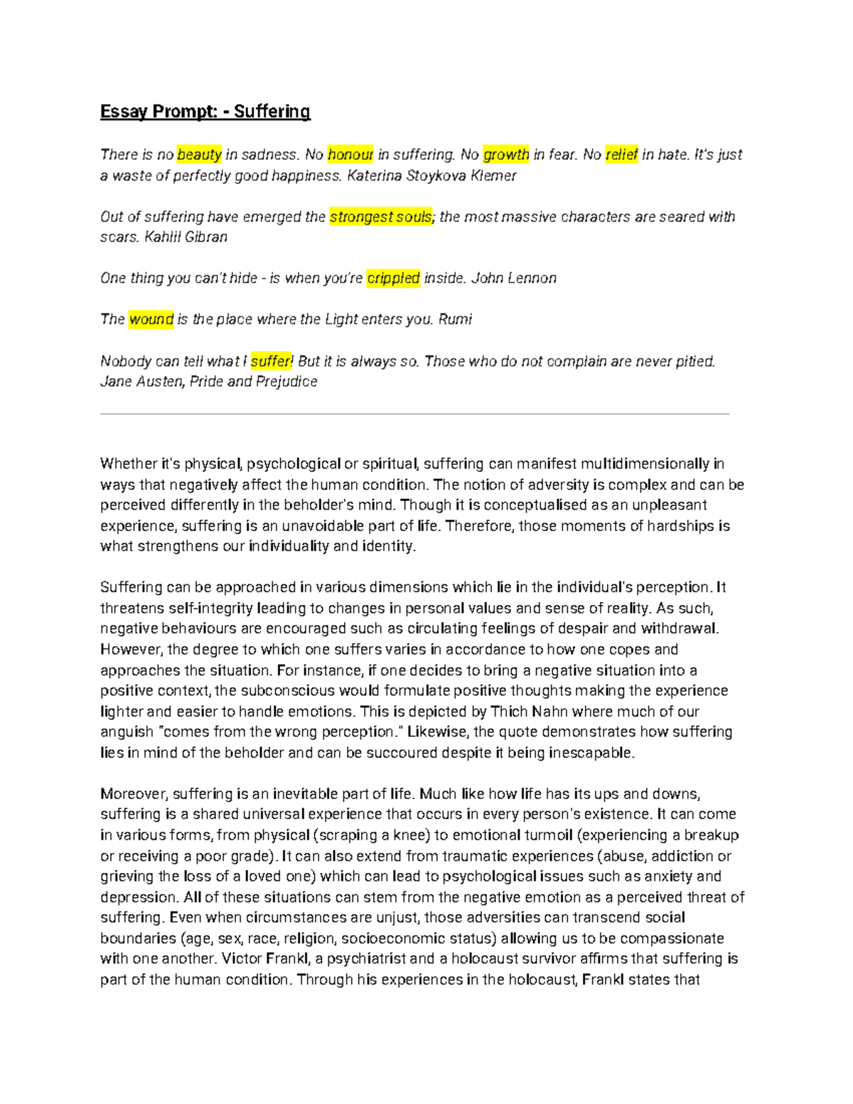 Essay Prompt - Suffer - GAMSAT S2 - Essay Prompt: - Suffering There is ...