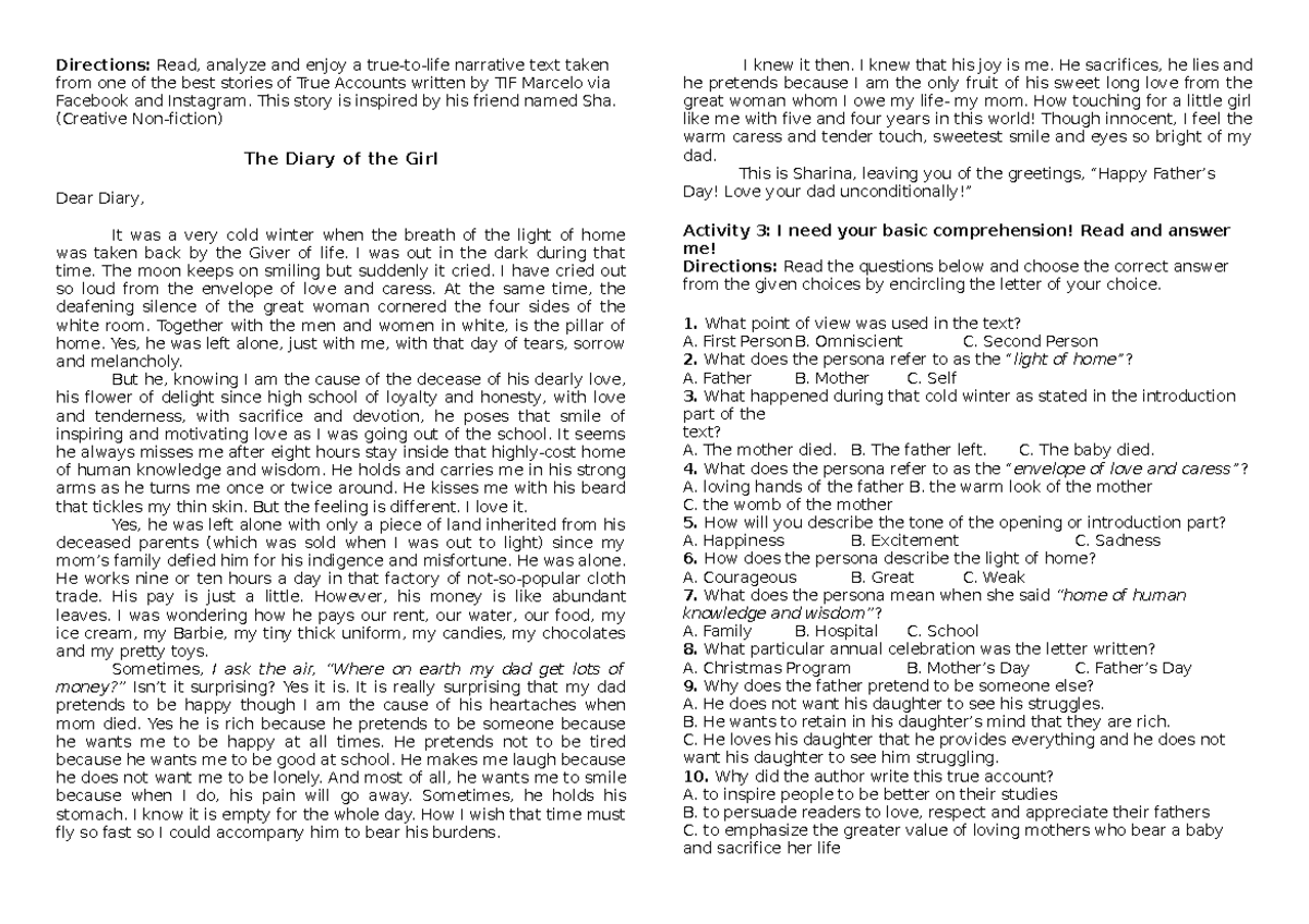 The Diary of the Girl - Exercise - Directions: Read, analyze and enjoy ...