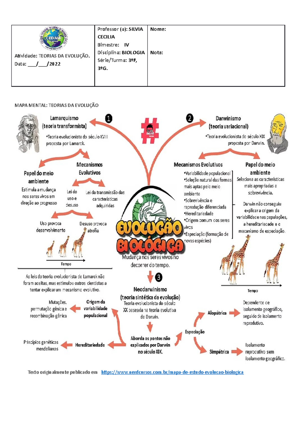 Atividade Teorias da Evolução - Atividade: TEORIAS DA EVOLUÇÃO. Data ...