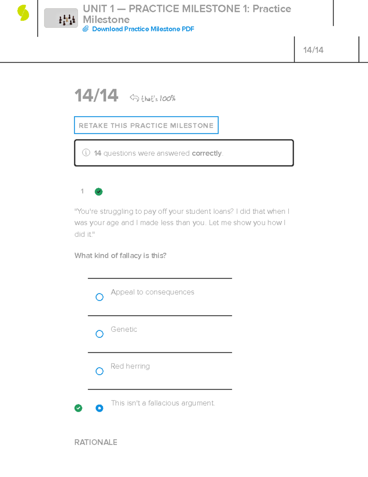 Milestone 1 Answers - 1 14 / 14 that's 100% RETAKE THIS PRACTICE ...