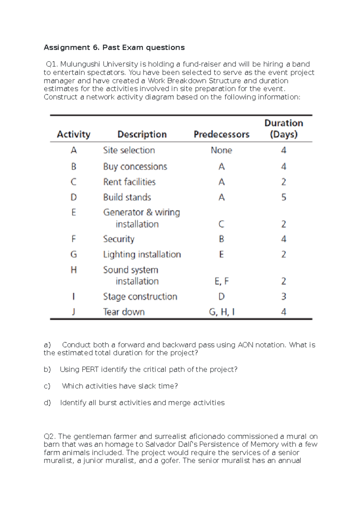 Assignment 6 - Project Planning And Control - Assignment 6. Past Exam ...