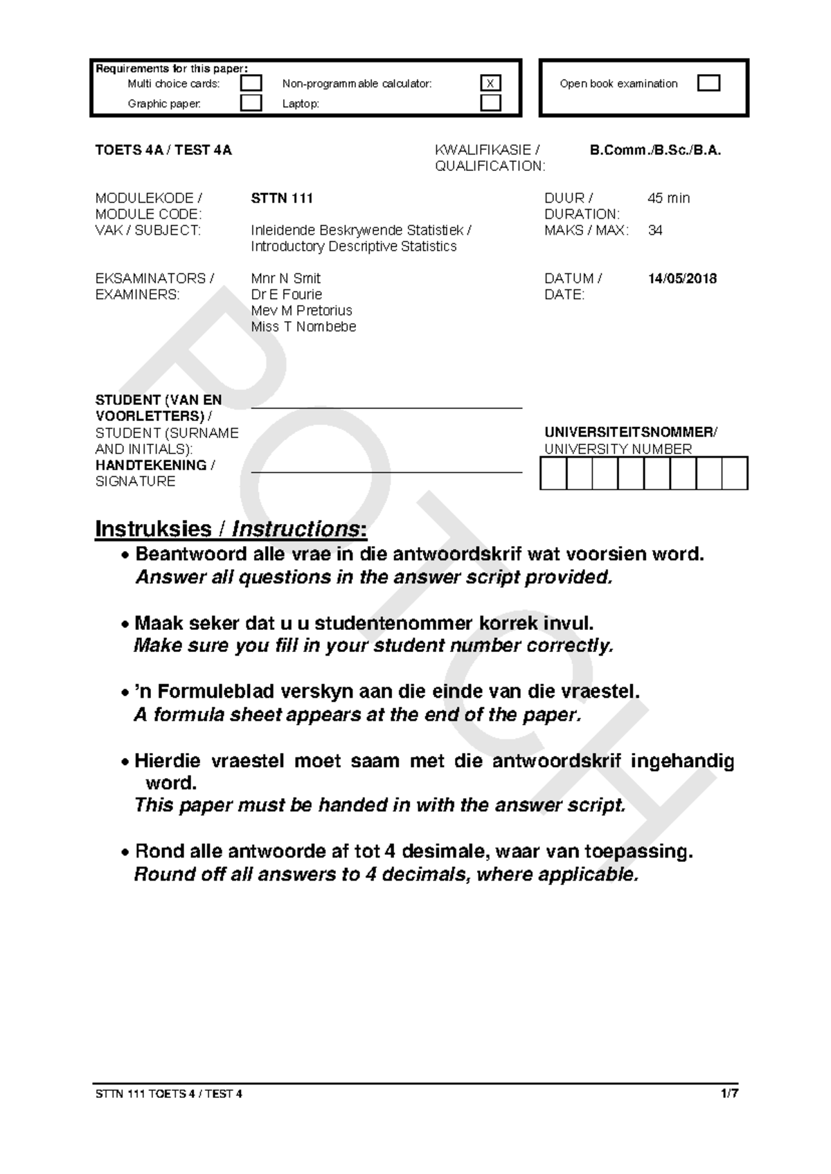 STTN111 Test4A 2018 - Requirements for this paper: Multi choice cards ...