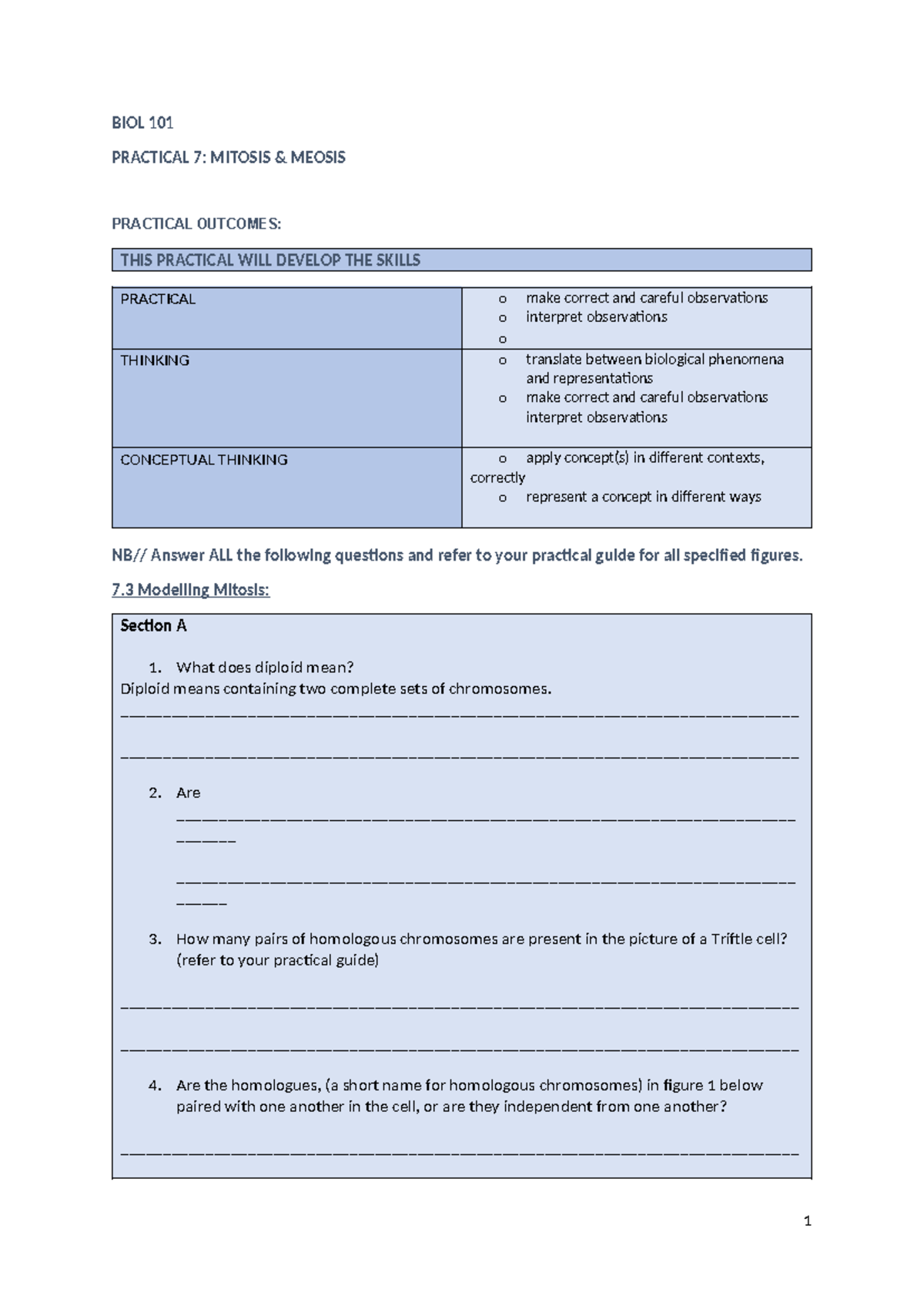BIOL 101 prac 7 workbook.. (1) - BIOL 101 PRACTICAL 7: MITOSIS & MEOSIS ...