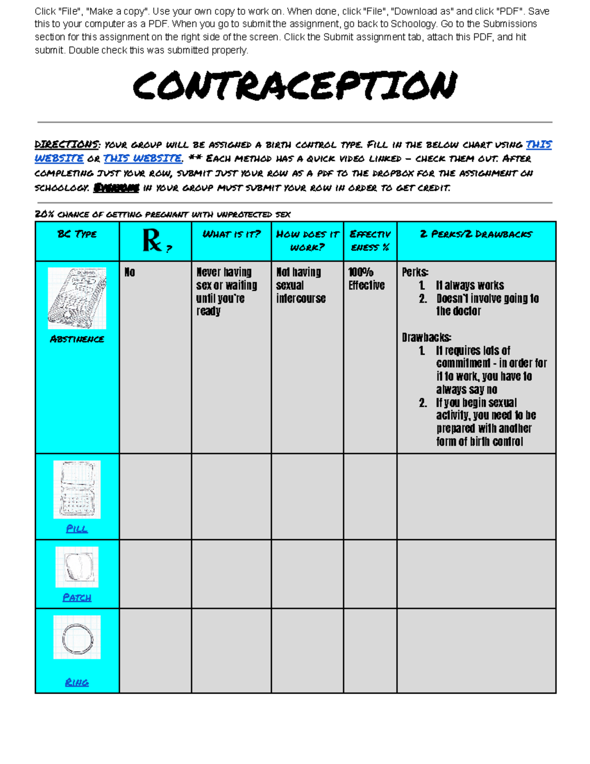 Copy of Contraception Activity (Fill in Chart) - Click "File", "Make a ...