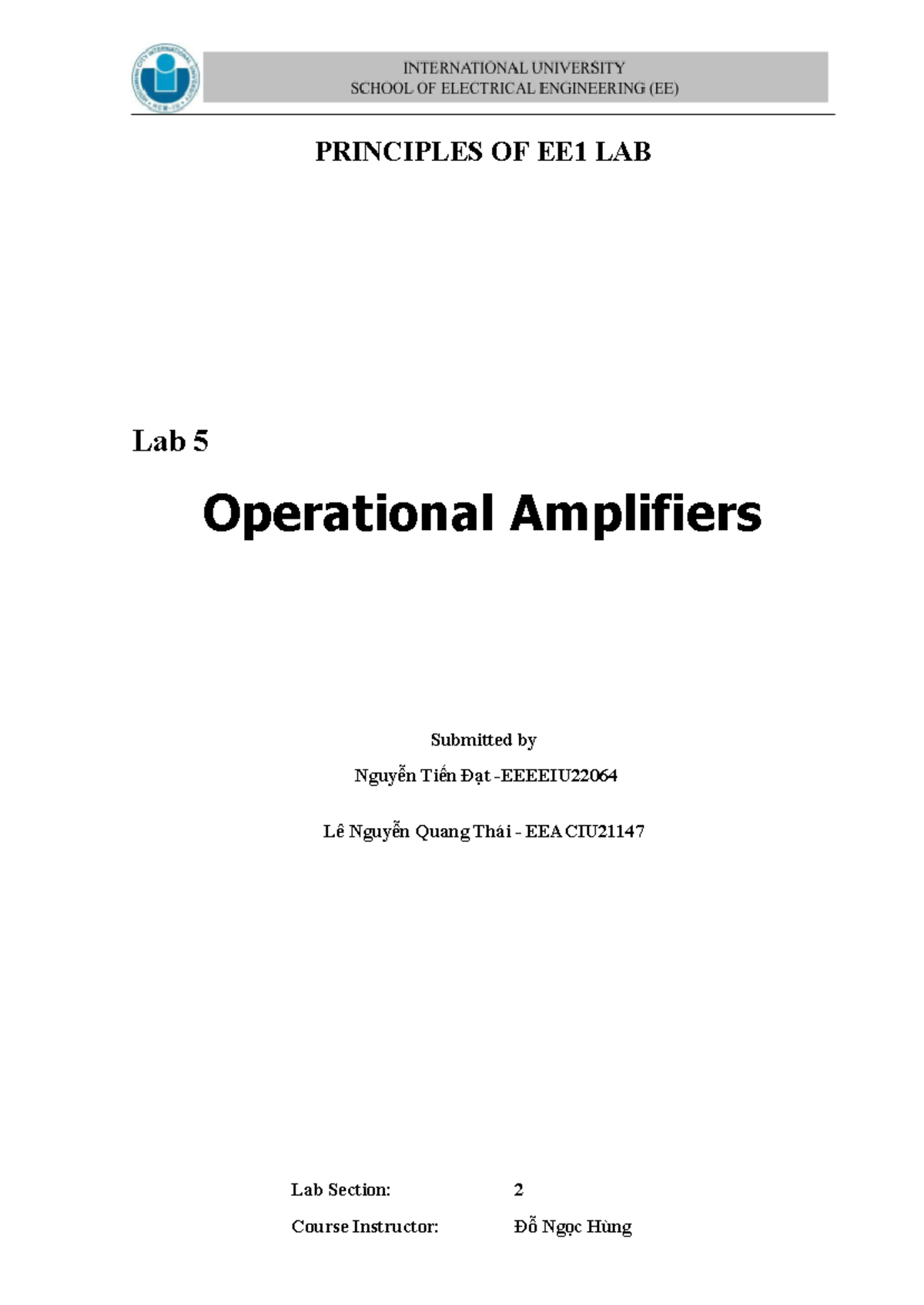 Report 5 Operational Amplifier - PRINCIPLES OF EE1 LAB Lab 5 ...
