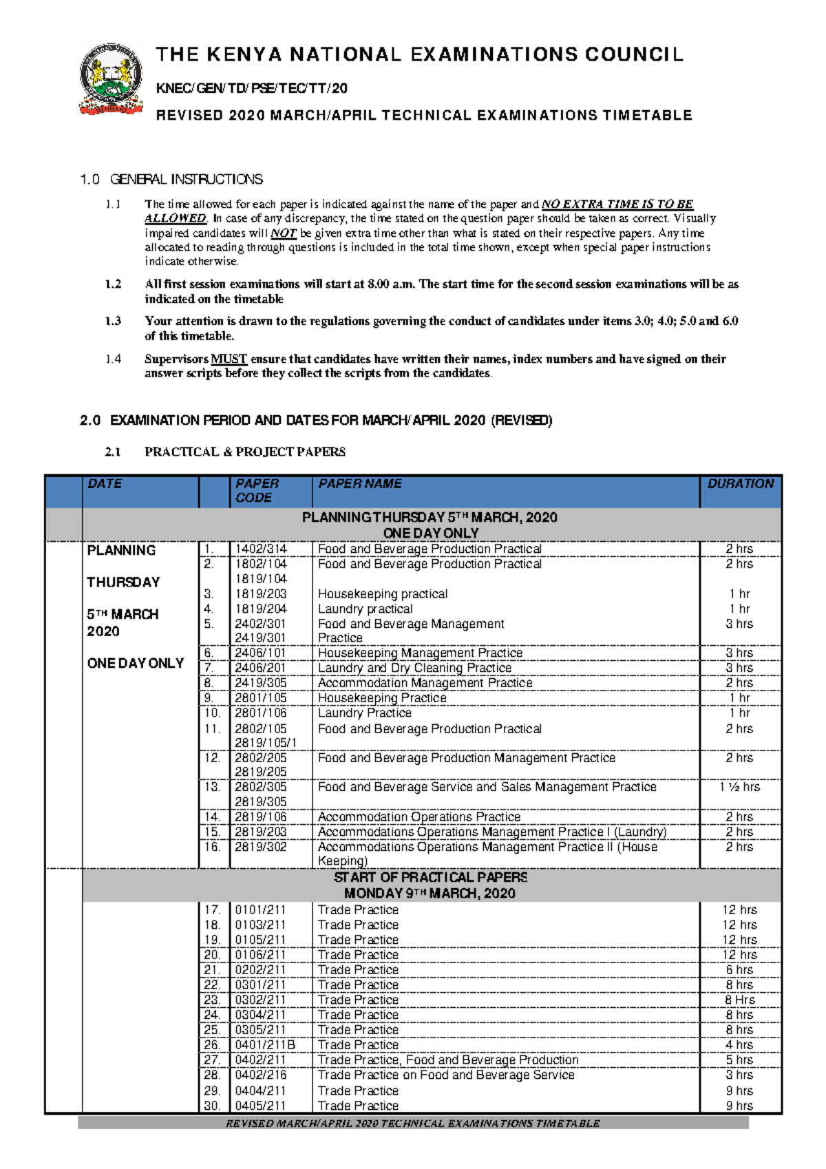 Revised March April 2020 Technical Timetable 003 1 - REVISED MARCH ...