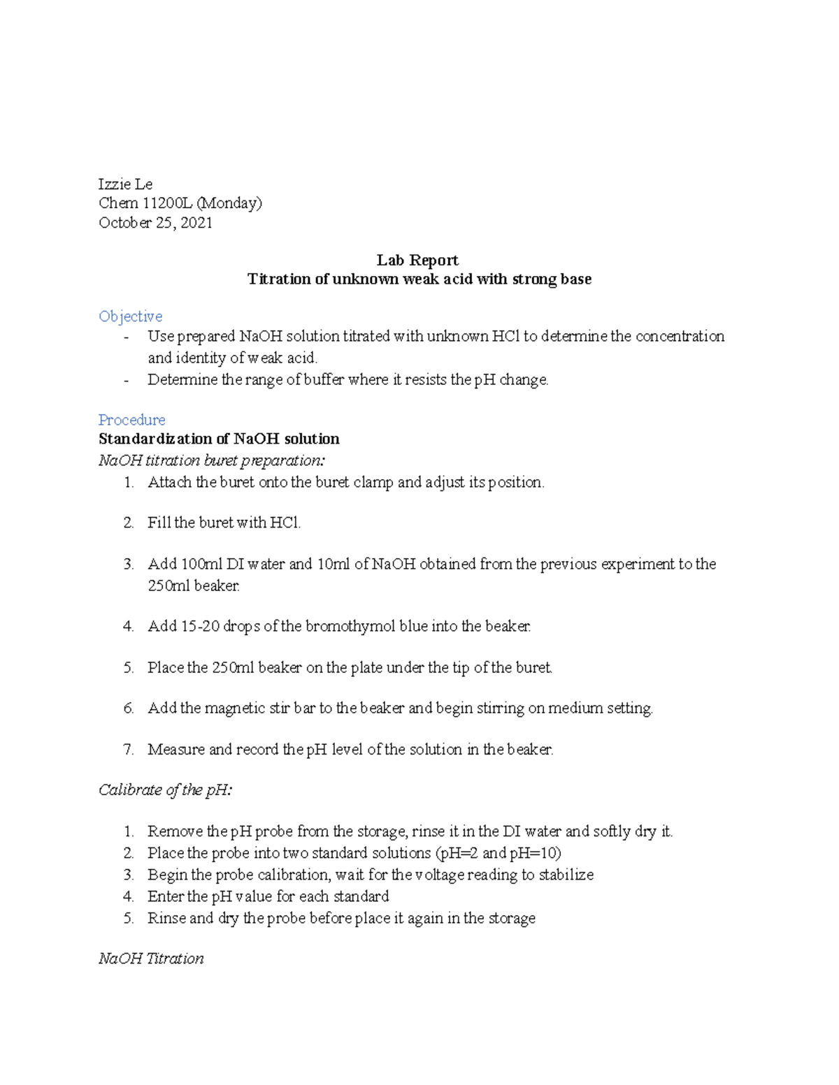 Titration of unknown weak acid with strong base report lab - Izzie Le ...