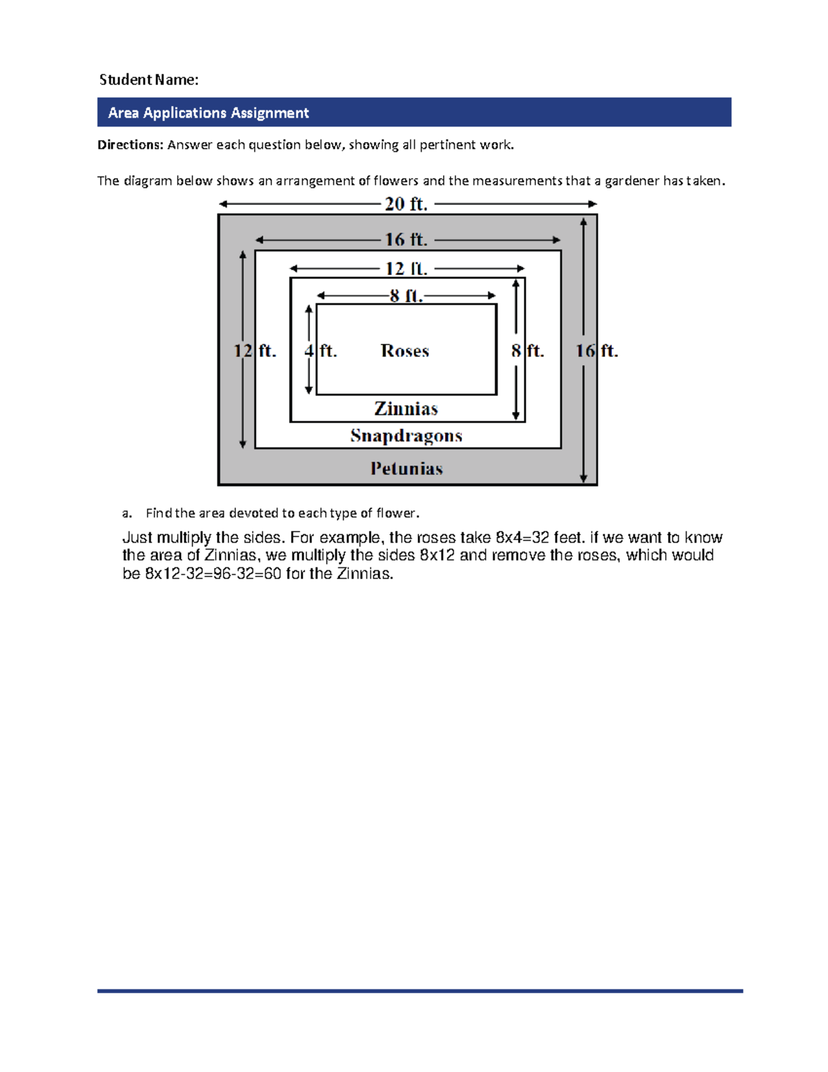 Area Applications Worksheet - Student Name: Area Applications ...