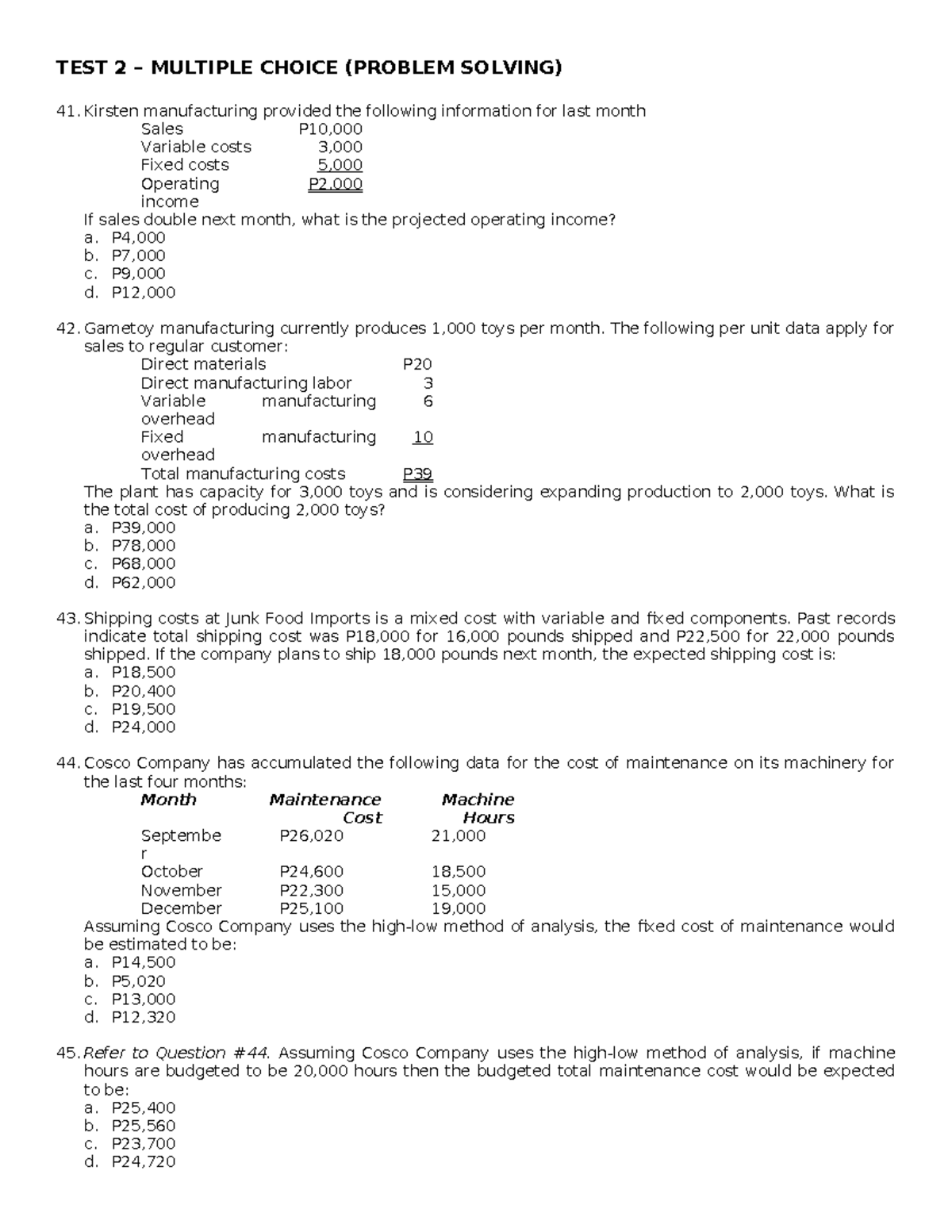 SCM - Pre-Test Questionnaire (Computational) - TEST 2 – MULTIPLE CHOICE ...