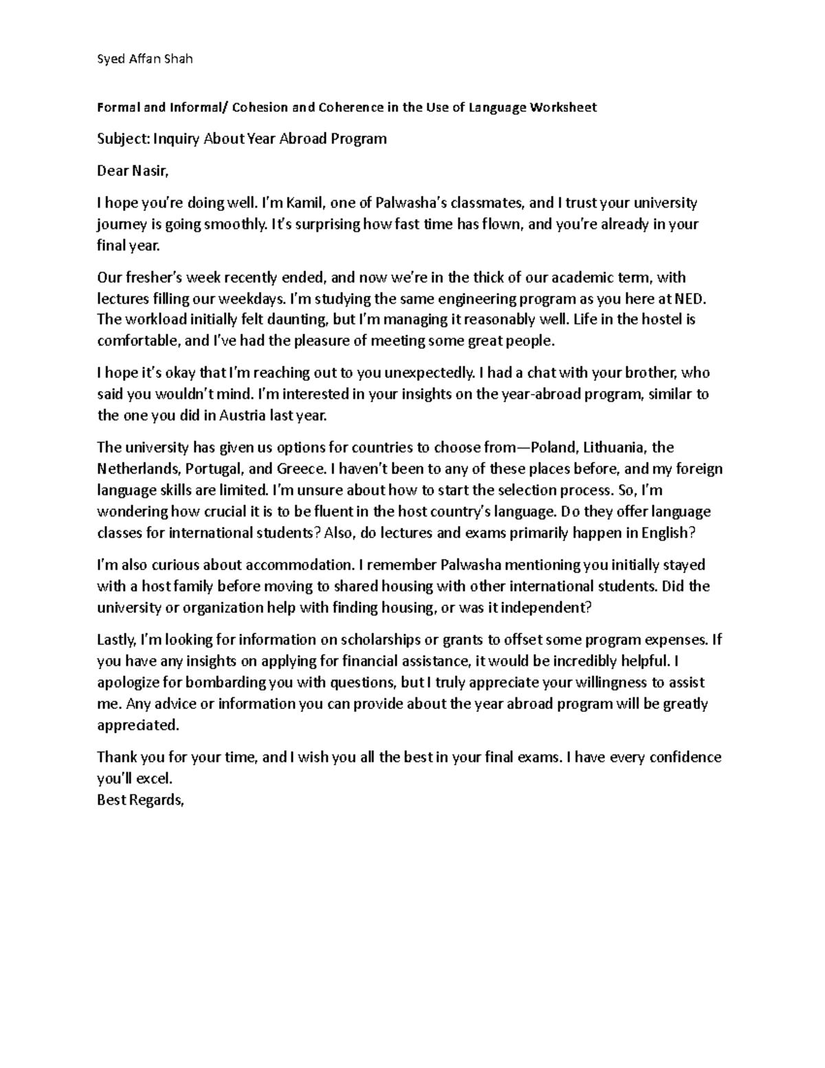 Assignment - Syed Affan Shah Formal and Informal/ Cohesion and ...