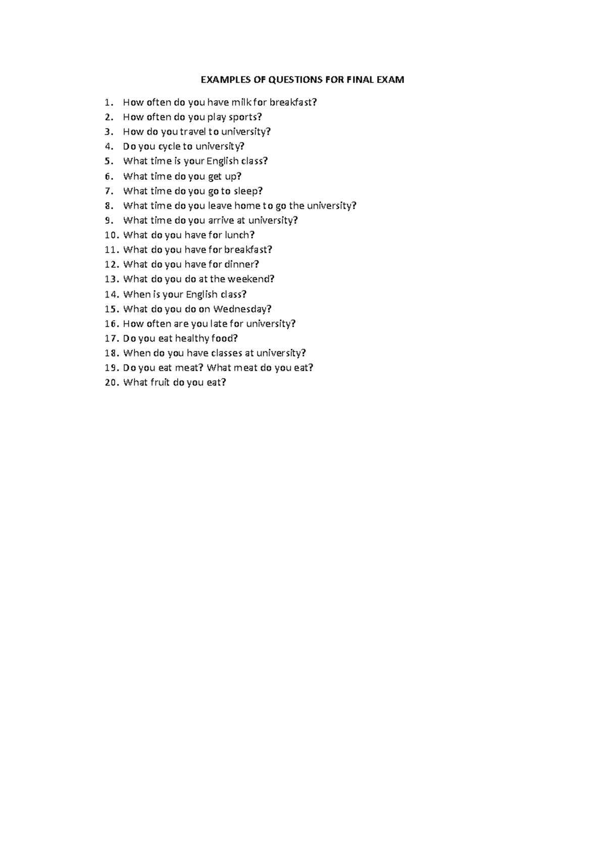 Examples OF Questions FOR Final EXAM - EXAMPLES OF QUESTIONS FOR FINAL ...