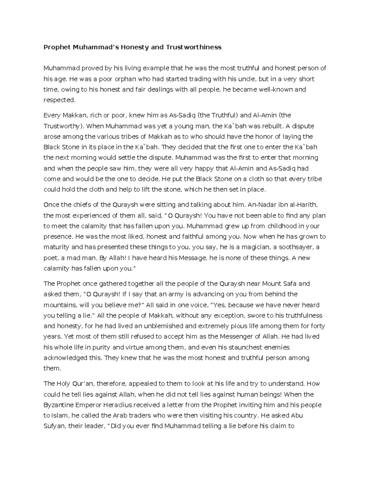 Honesty from the life of Rasulullah SAW - Prophet Muhammad’s Honesty ...