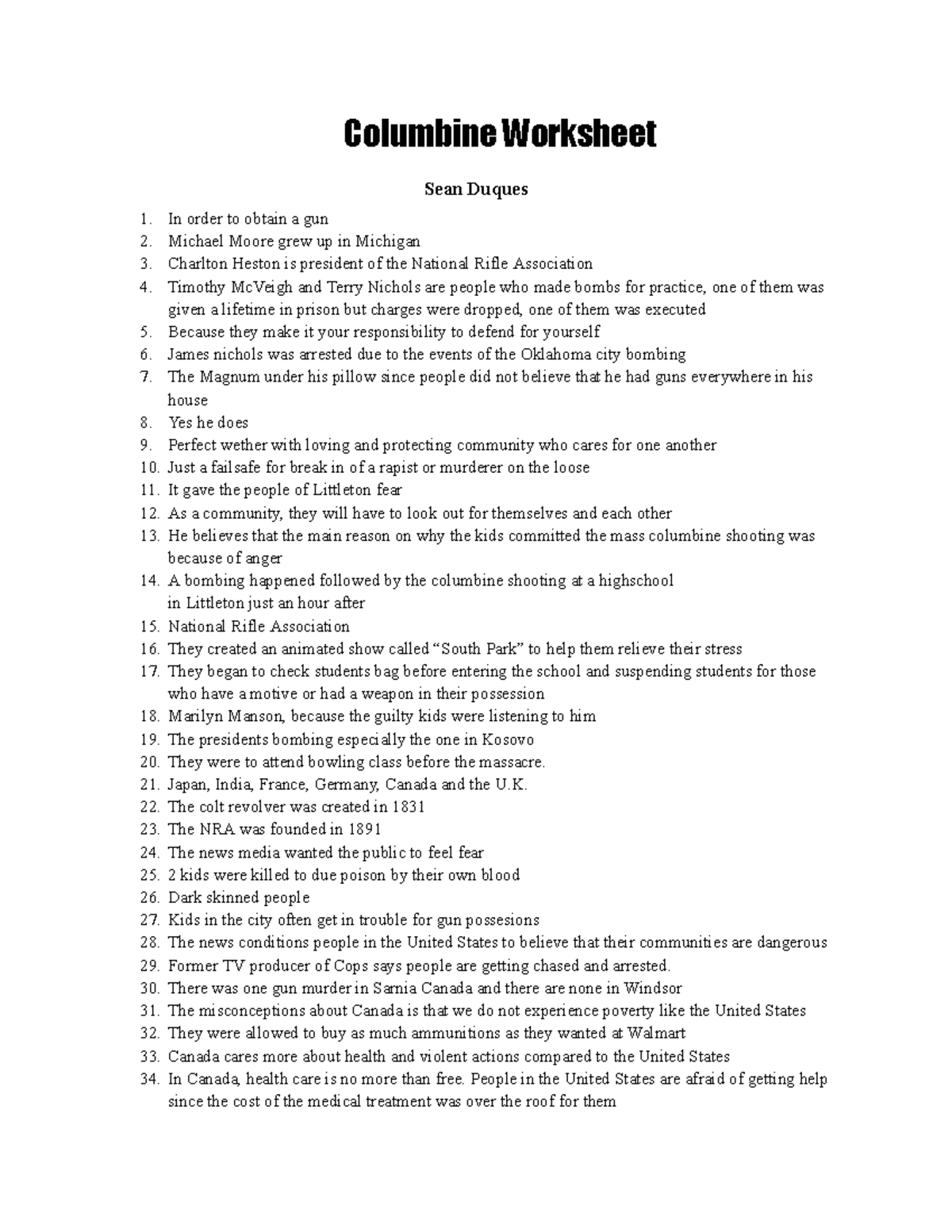 Untitled document - An answer key for the Columbine worksheet for grade ...