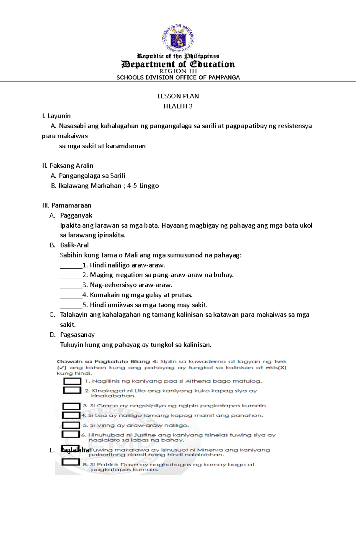 I.S Health Dec. 7, 2022 - activity - LESSON PLAN HEALTH 3 I. Layunin A ...