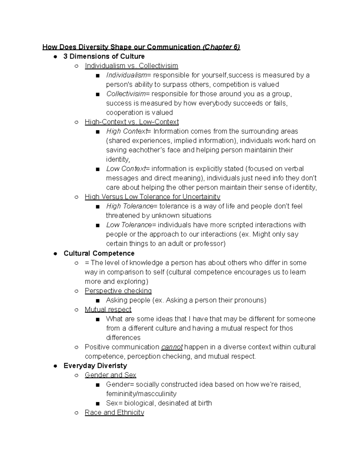 Chapters 6 & 15 Notes - How Does Diversity Shape our Communication ...