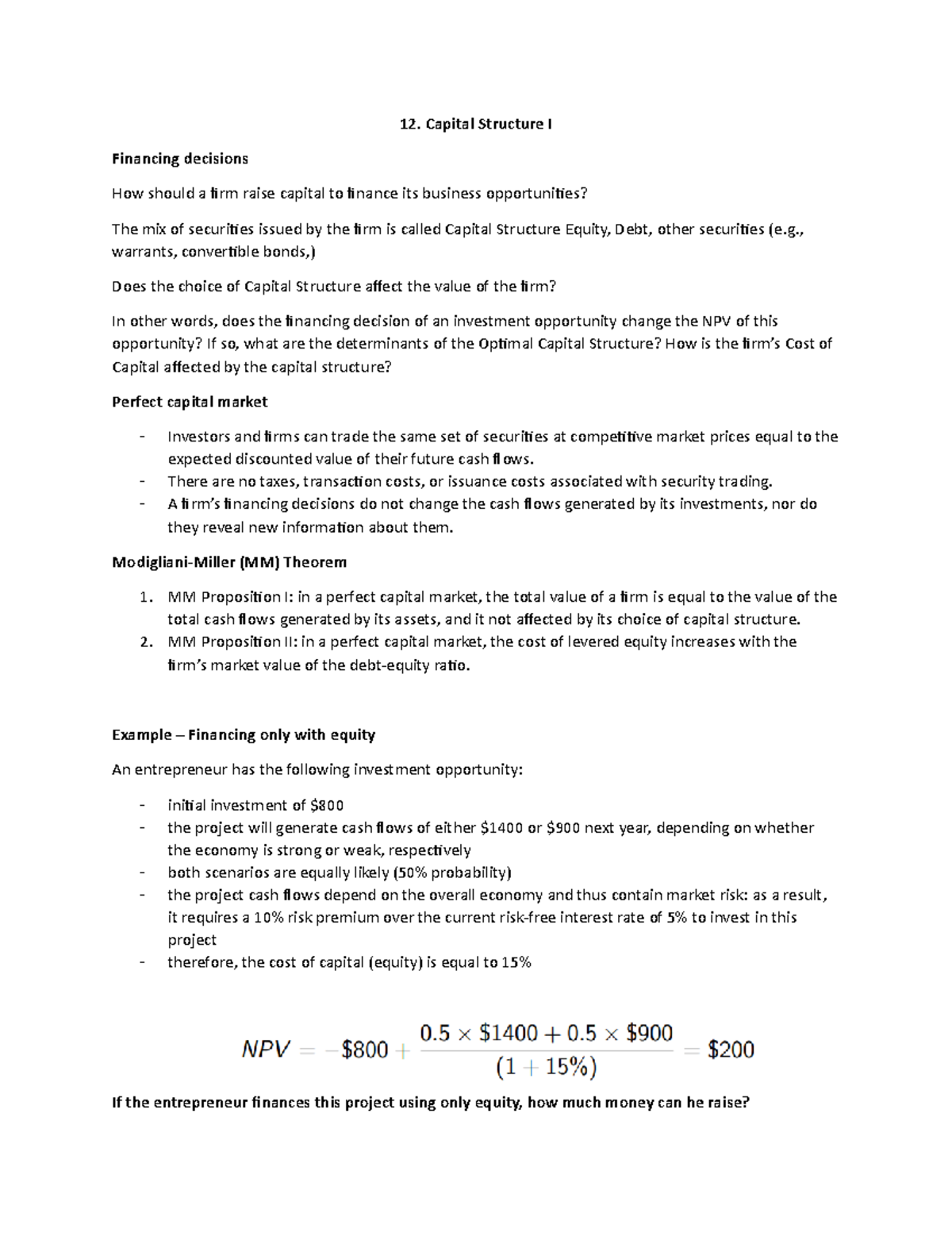 12. Capital Structure I - Capital Structure I Financing decisions How ...