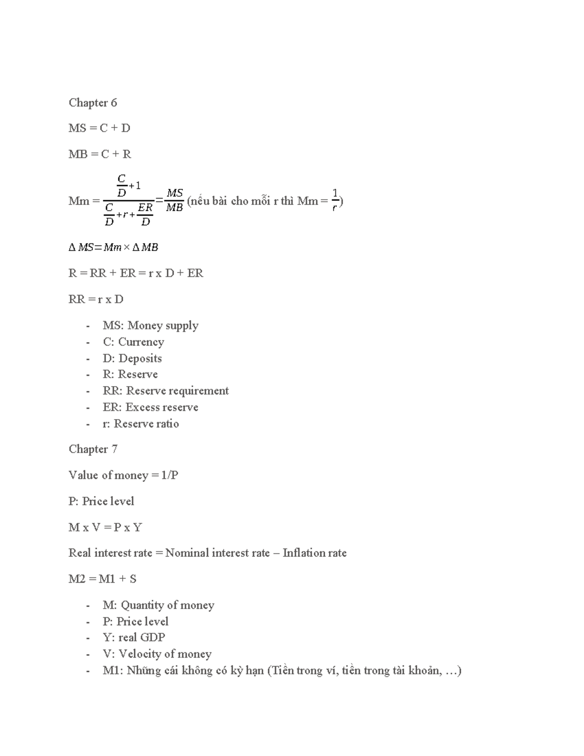 Công thức tính toán - KTVM - Chapter 6 MS = C + D MB = C + R Mm = C D + 1 C D +r + ER D = MS MB ...