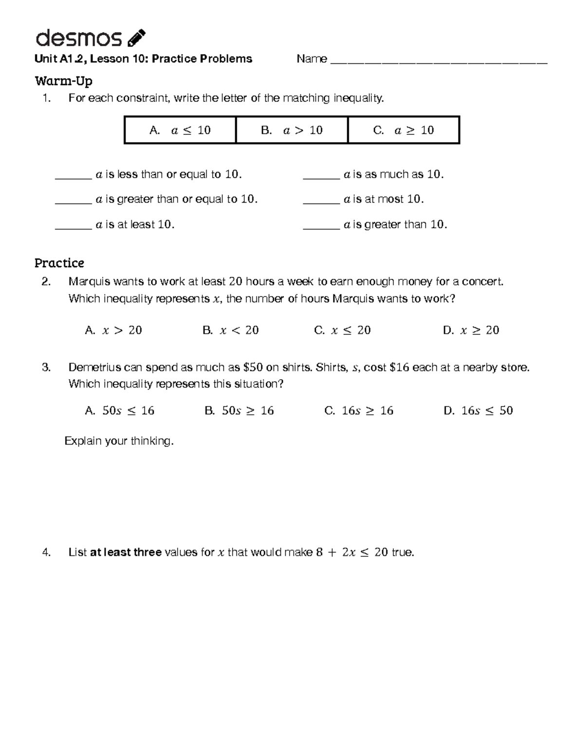 Lesson 10 Practice Problems - Unit A1, Lesson 10: Practice Problems ...