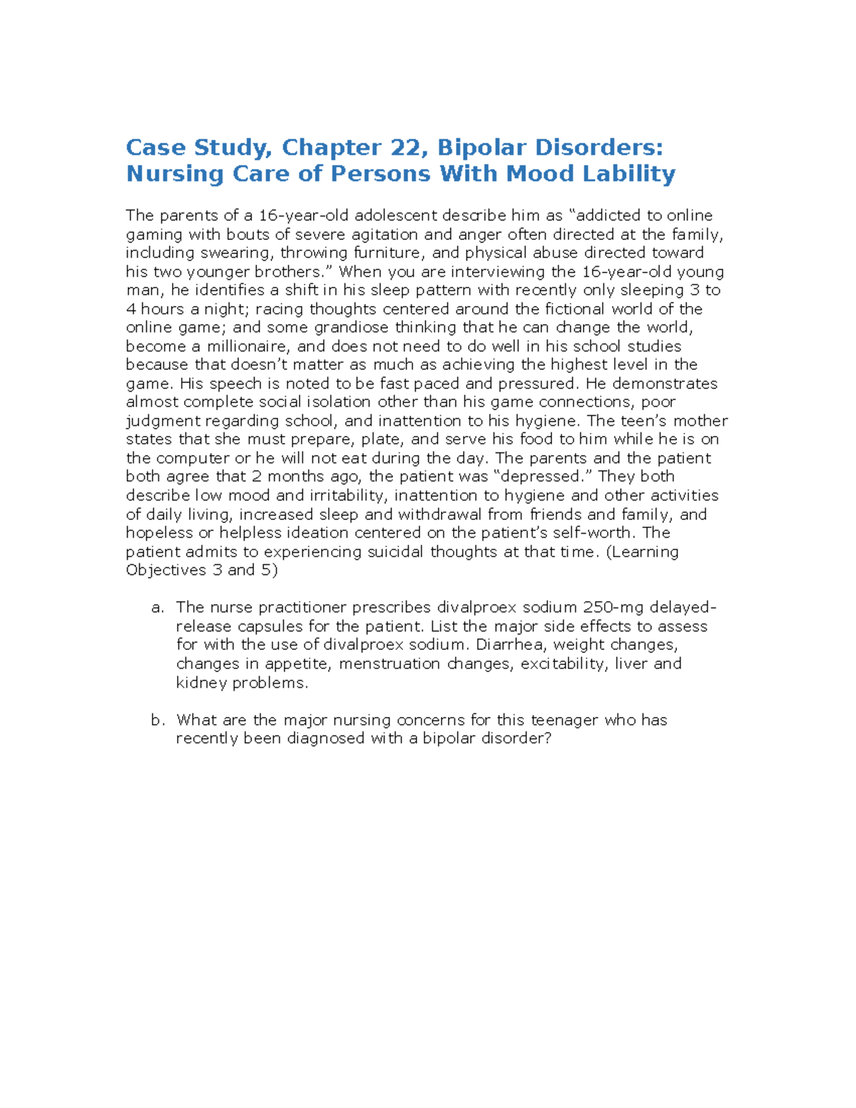 Bipolar Case Study - Course work material - Case Study, Chapter 22 ...