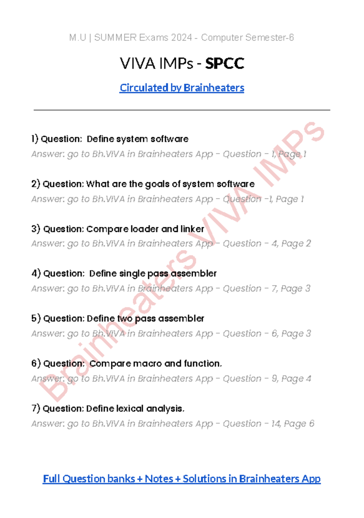 Computer Sem6 VIVA IMPs - SPCC - Brainheaters VIVA IMPs M | SUMMER Exams 2024 - Computer ...