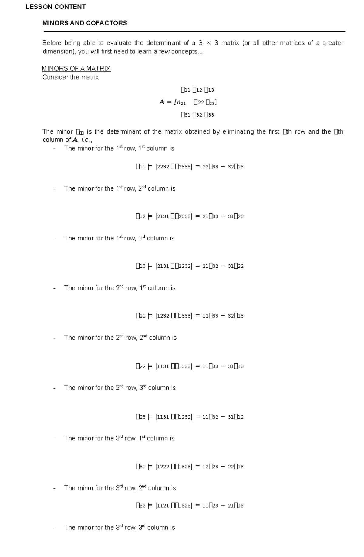 Advanced Mathematics - 5 - LESSON CONTENT MINORS AND COFACTORS Before ...