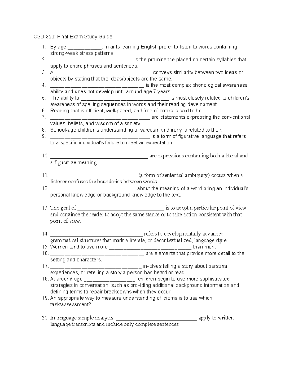 CSD 350 Final Exam Study Guide Fall 2022 w/o ans. - CSD 350: Final Exam ...