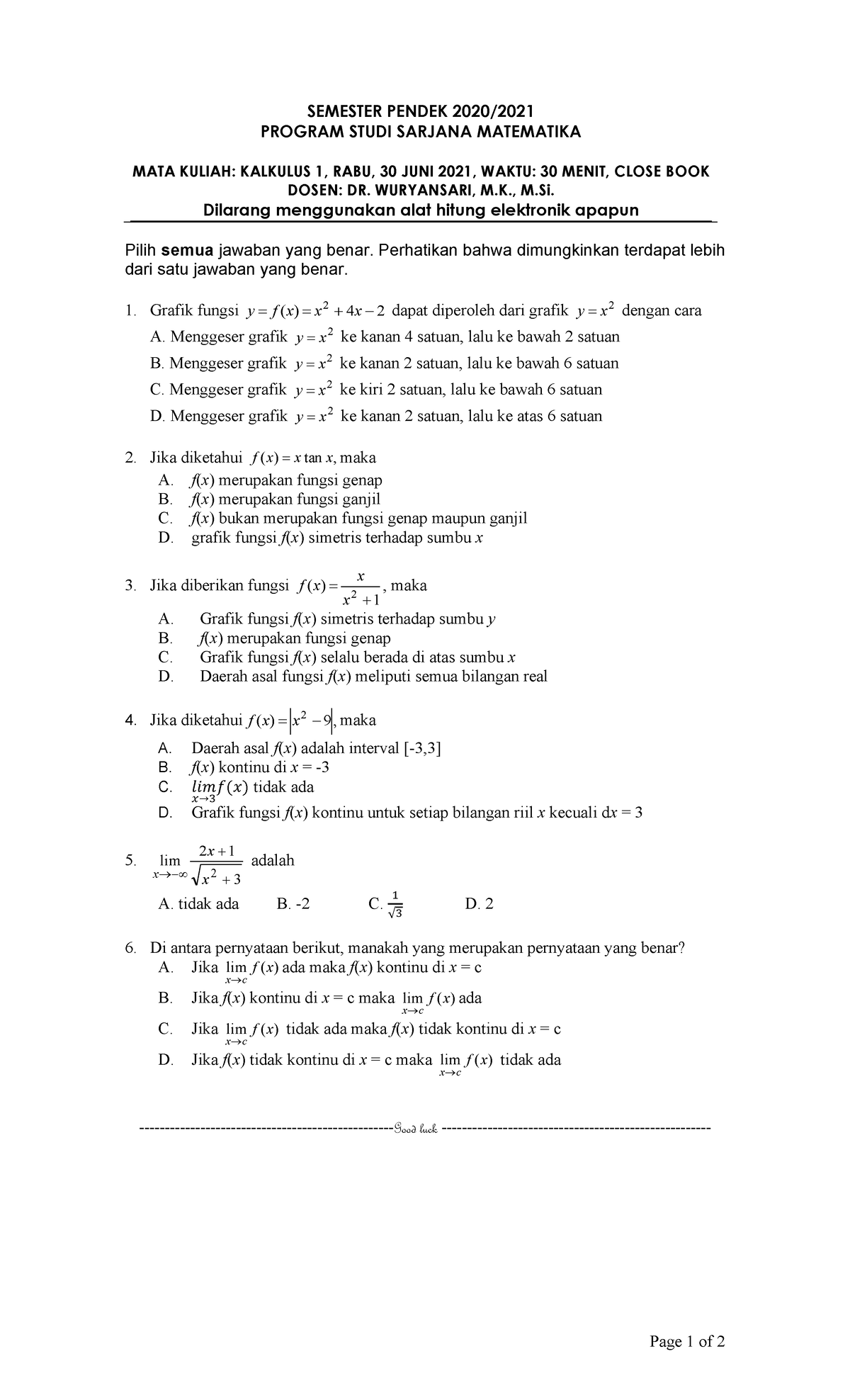 Kuis1SP2021 - Providing calculus I quiz questions regarding graphical ...