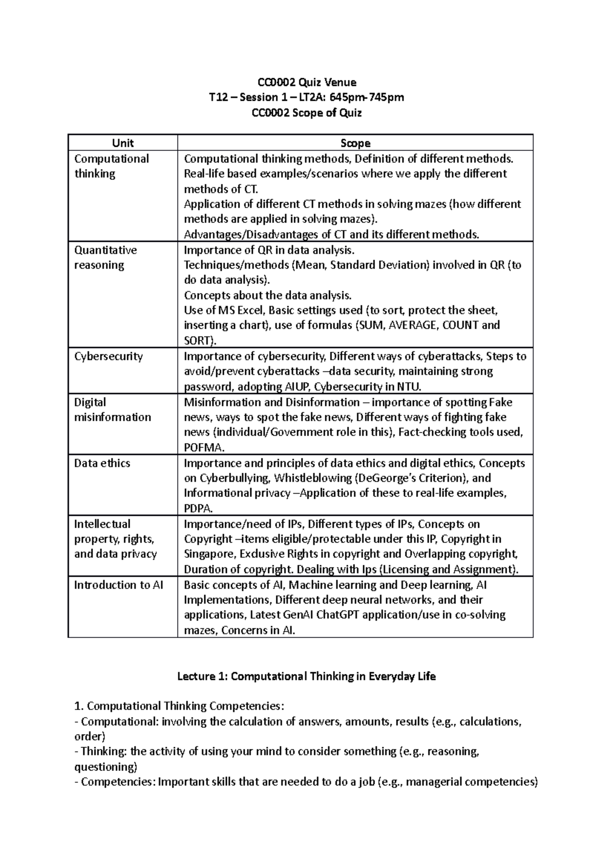 CC2_summarynote - CC0002 Quiz Venue T12 – Session 1 – LT2A: 645pm-745pm CC0002 Scope of Quiz ...