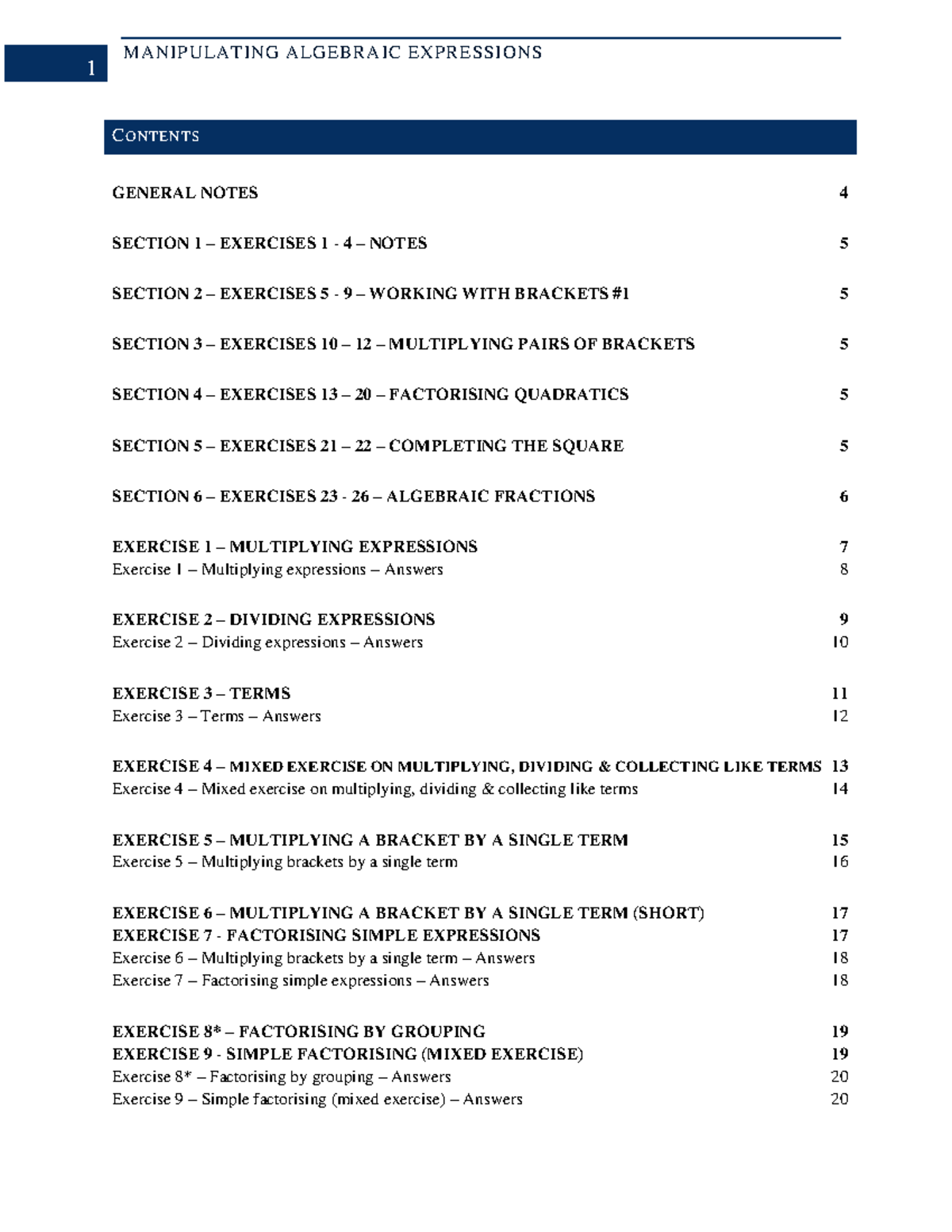 Algebraic-Manipulation-Workbook - CONTENTS GENERAL NOTES SECTION 1 ...