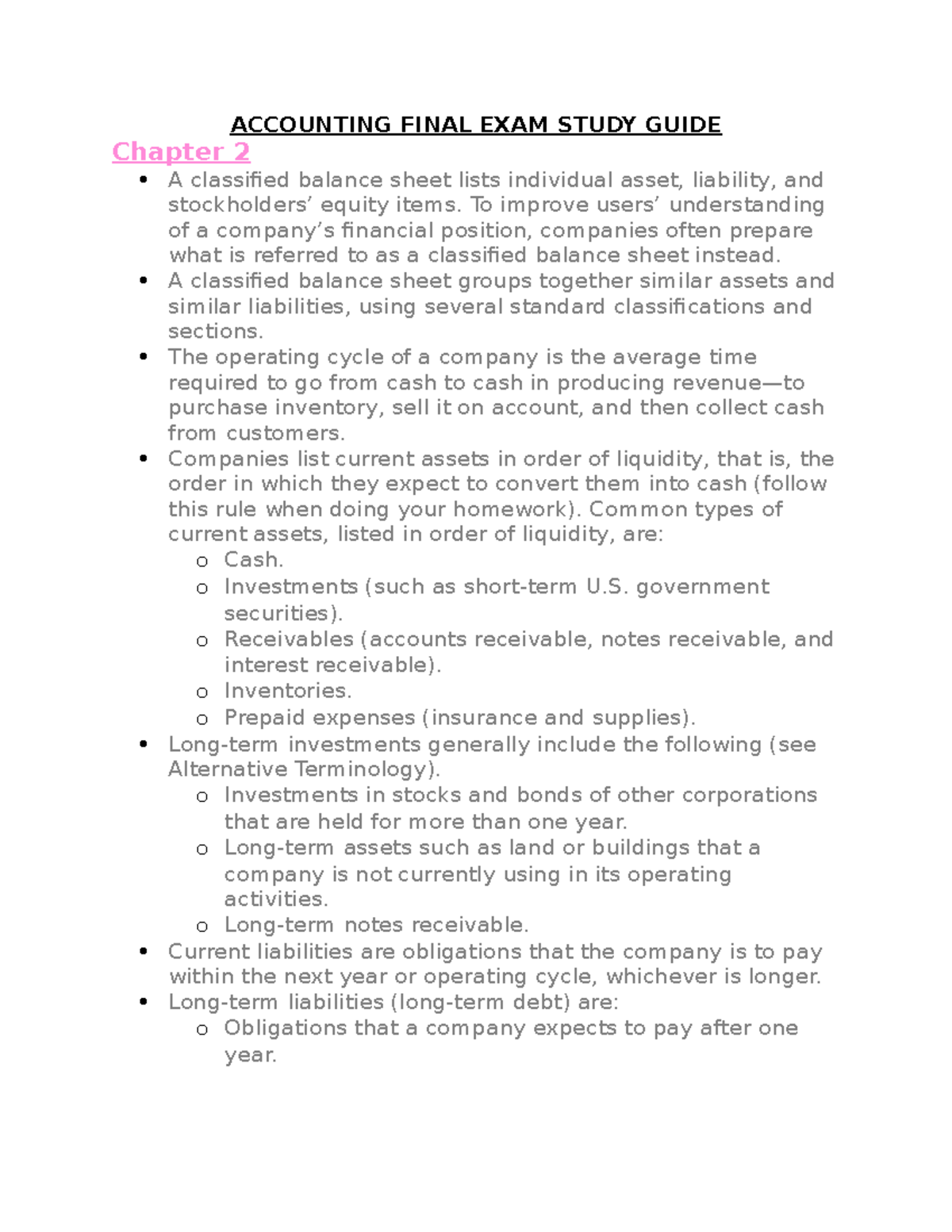 Accounting study guide - ACCOUNTING FINAL EXAM STUDY GUIDE Chapter 2 A ...