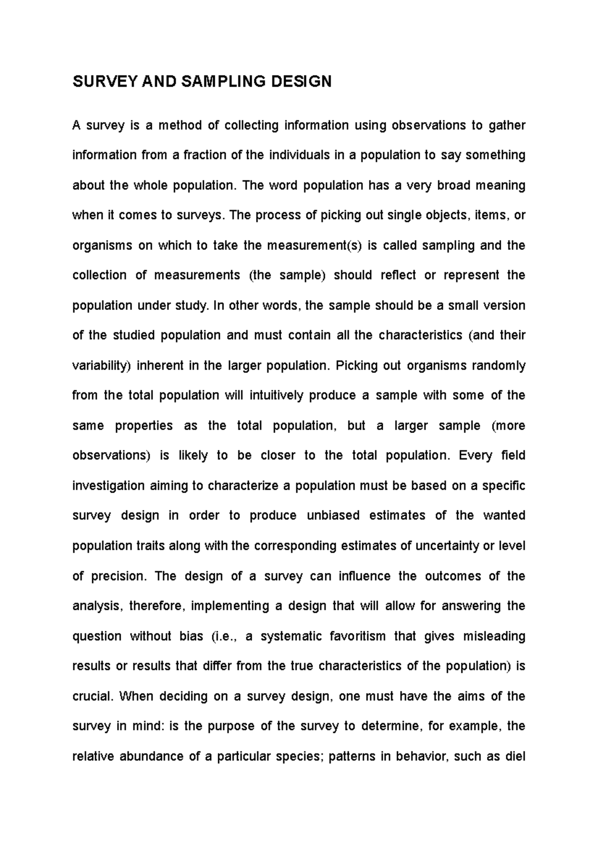 Survey AND Sampling Design - SURVEY AND SAMPLING DESIGN A survey is a ...