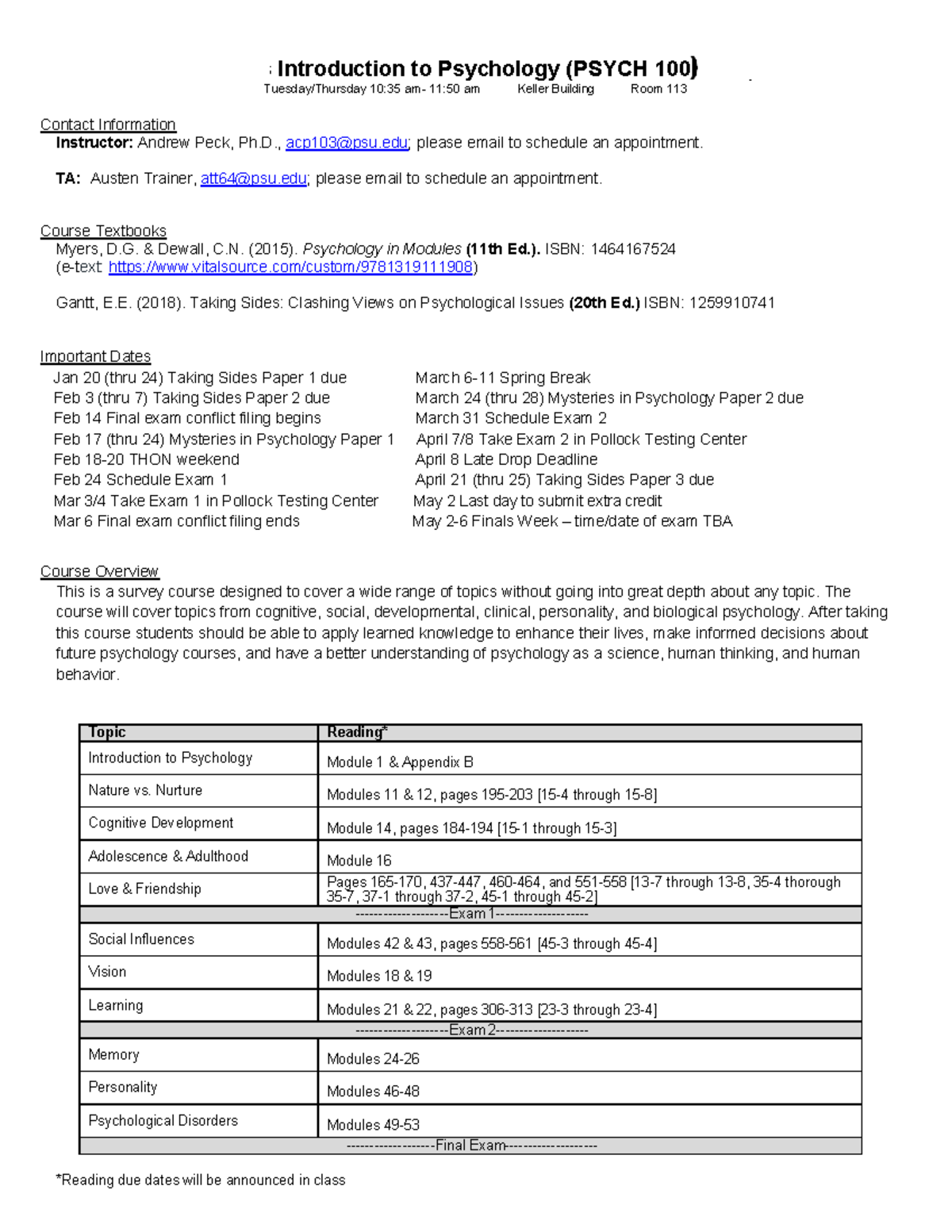 Intro to Psych - syllabus - Honors Introduction to Psychology (PSYCH ...