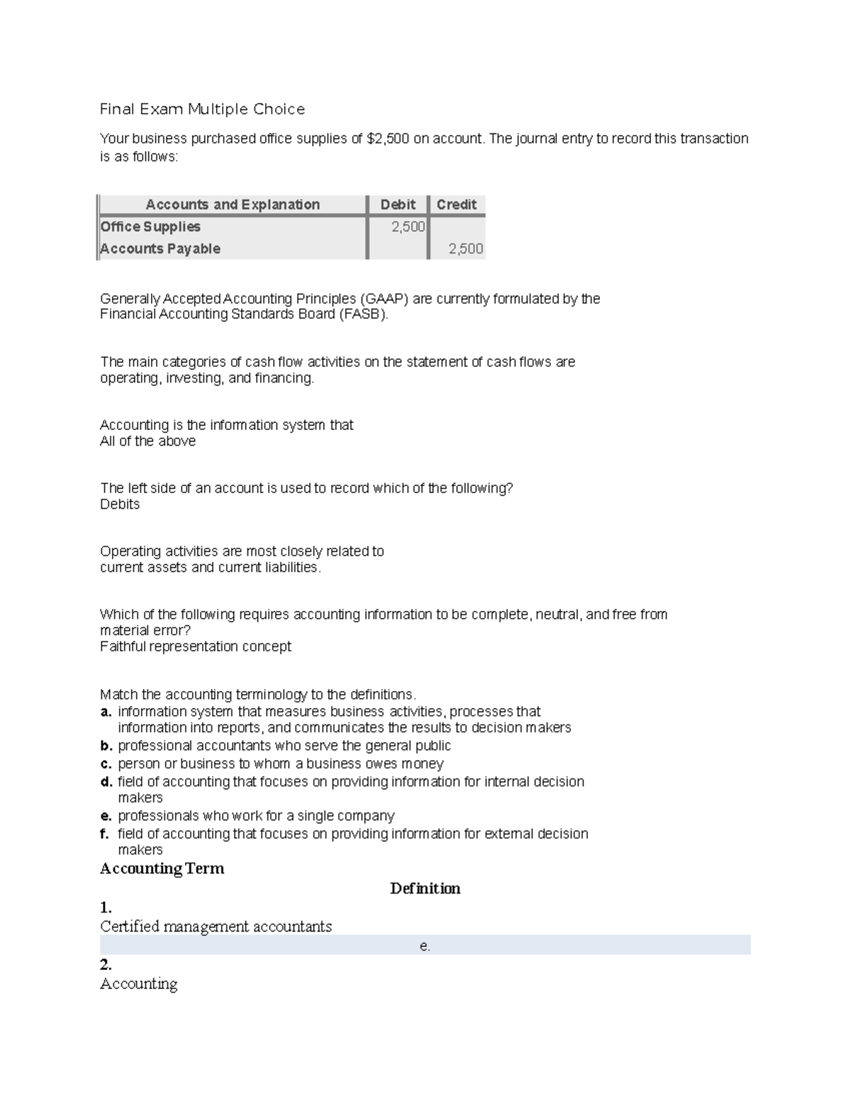 Final Exam Multiple Choice - The journal entry to record this ...