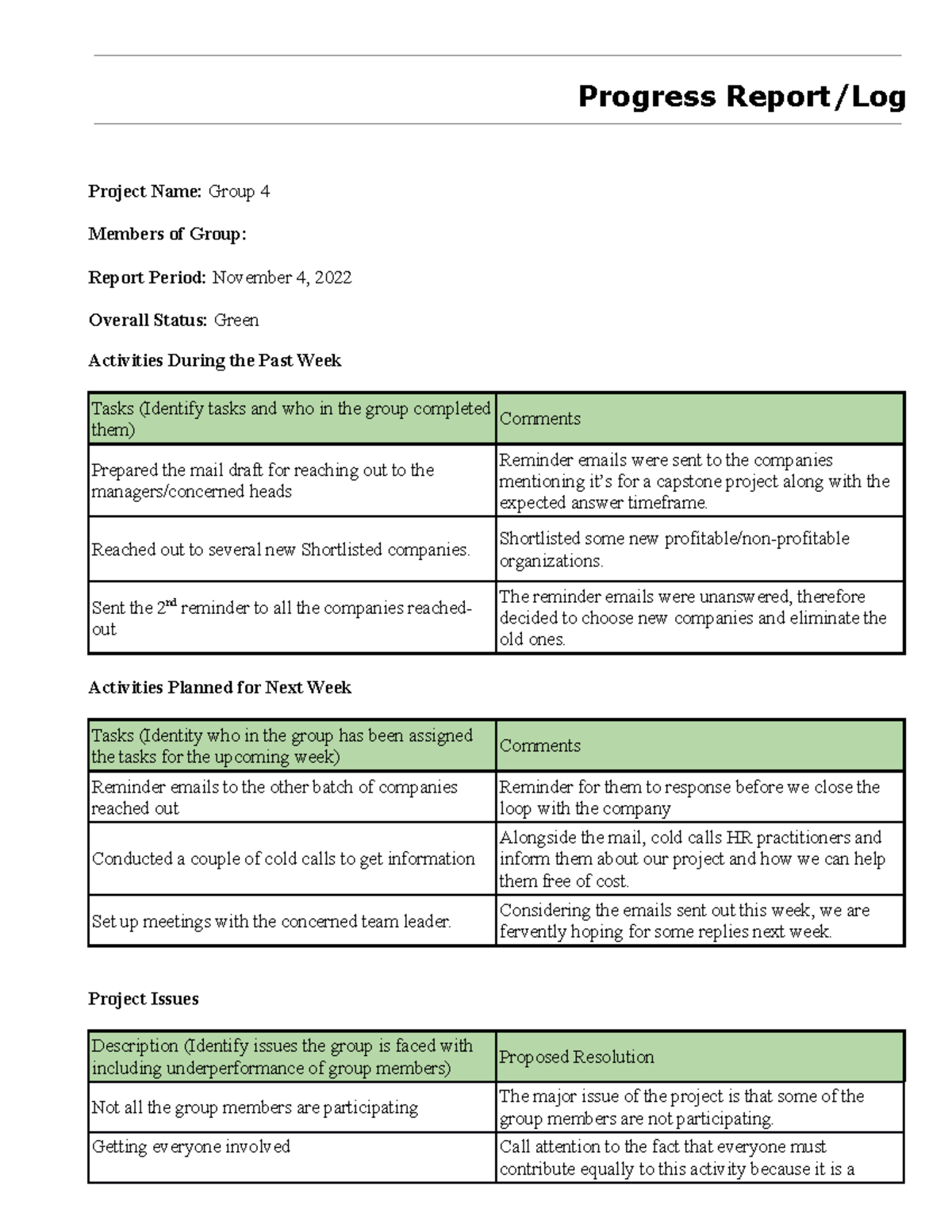 Group Project Log 3 - Progress Report/Log Project Name: Group 4 Members ...