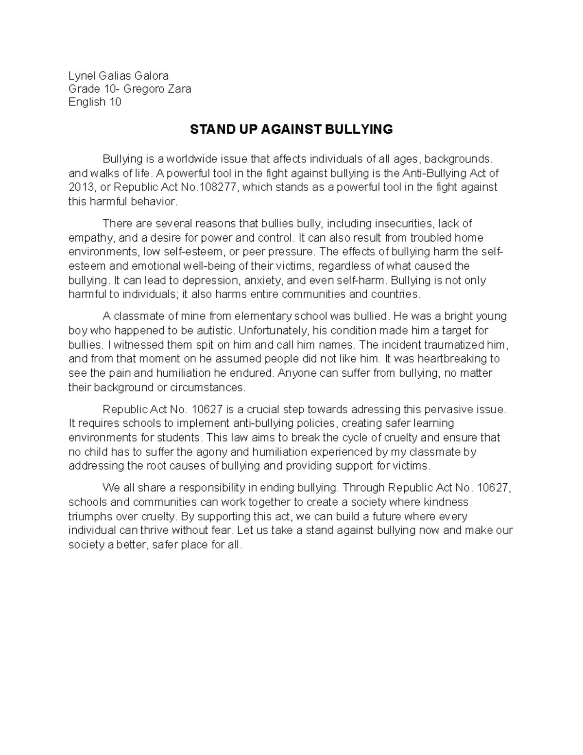 essays about bullying, mission in life - Lynel Galias Galora Grade 10 ...