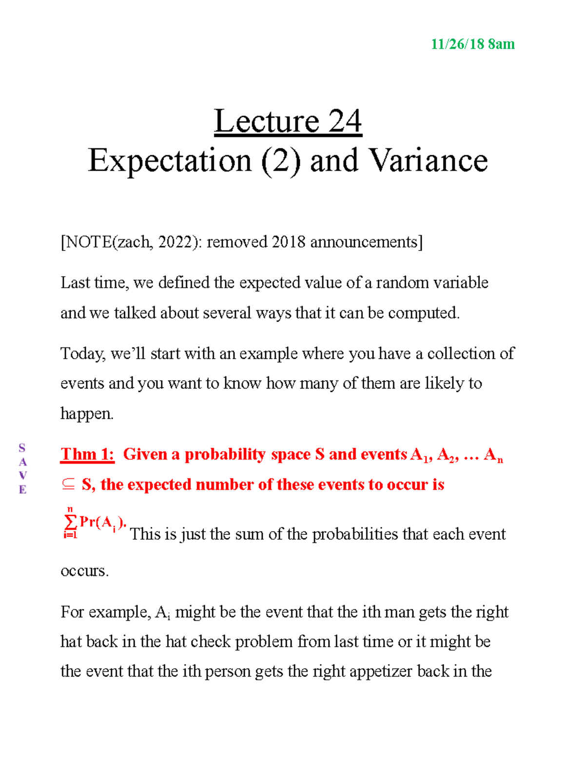 Lecture-notes-23 2018 expectation and variance - 11/26/18 8am Lecture ...