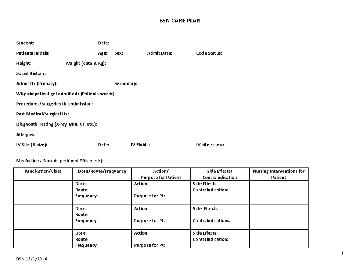 Master care plan doc - Student: Date: Patients Initials: Age: Sex ...