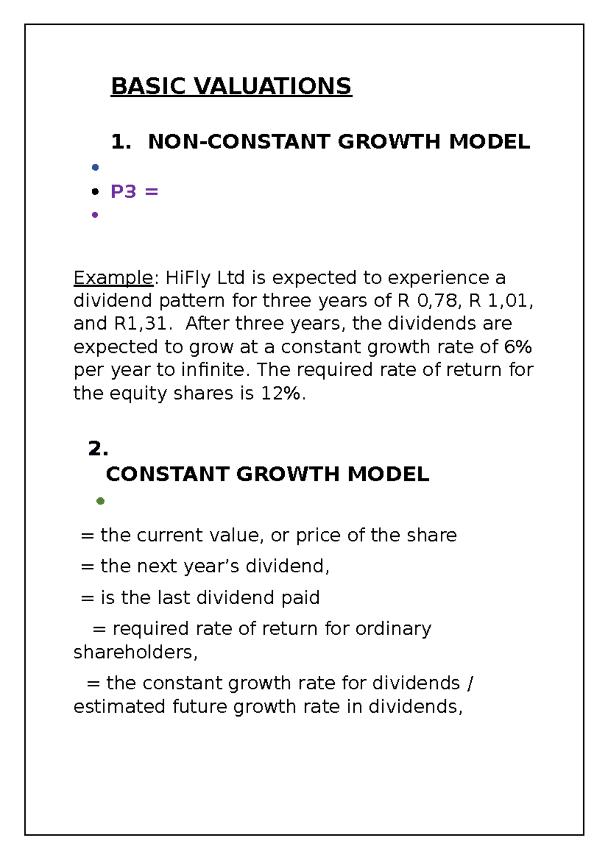 Basic Valuations Summary- FTX2024 2022 - BASIC VALUATIONS 1. NON-CONSTANT GROWTH MODEL P3 ...