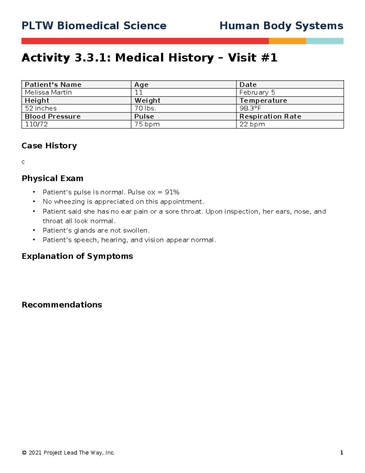 HBS 331 Medical History 1 - PLTW Biomedical Science Human Body Systems Activity 3.3: Medical ...