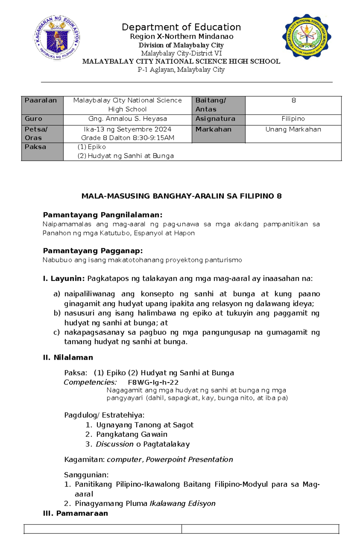 Detailed Lesson Plan for IS Sanhi at Bunga - Department of Education ...