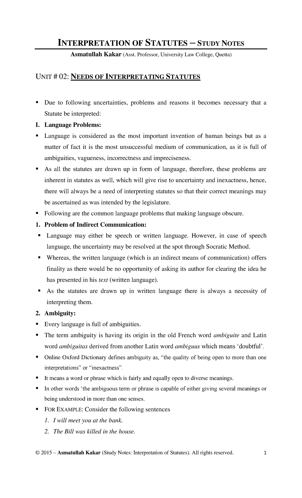 Unit # 02 - Need of Interpreting Statute for the s - INTERPRETATION OF ...