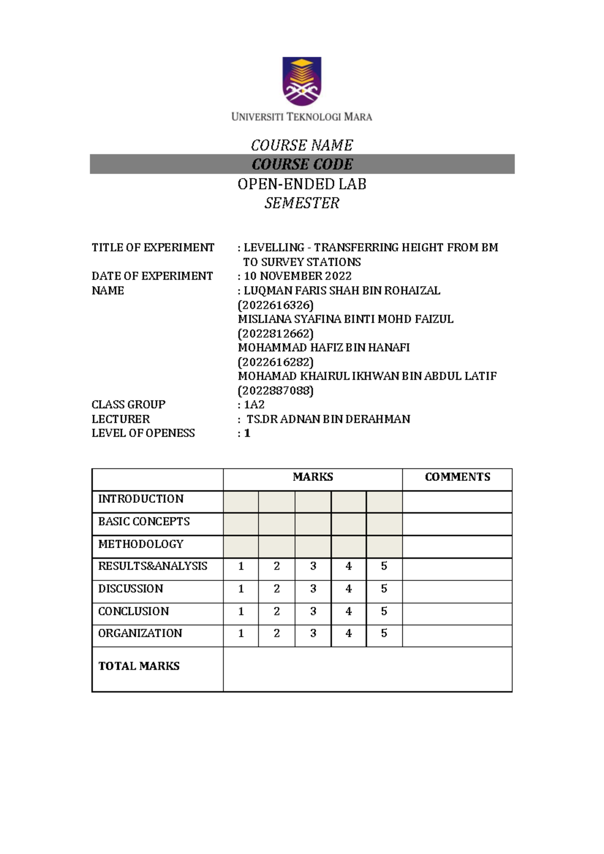 LAB Report 3 Levelling - references - COURSE NAME COURSE CODE OPEN ...