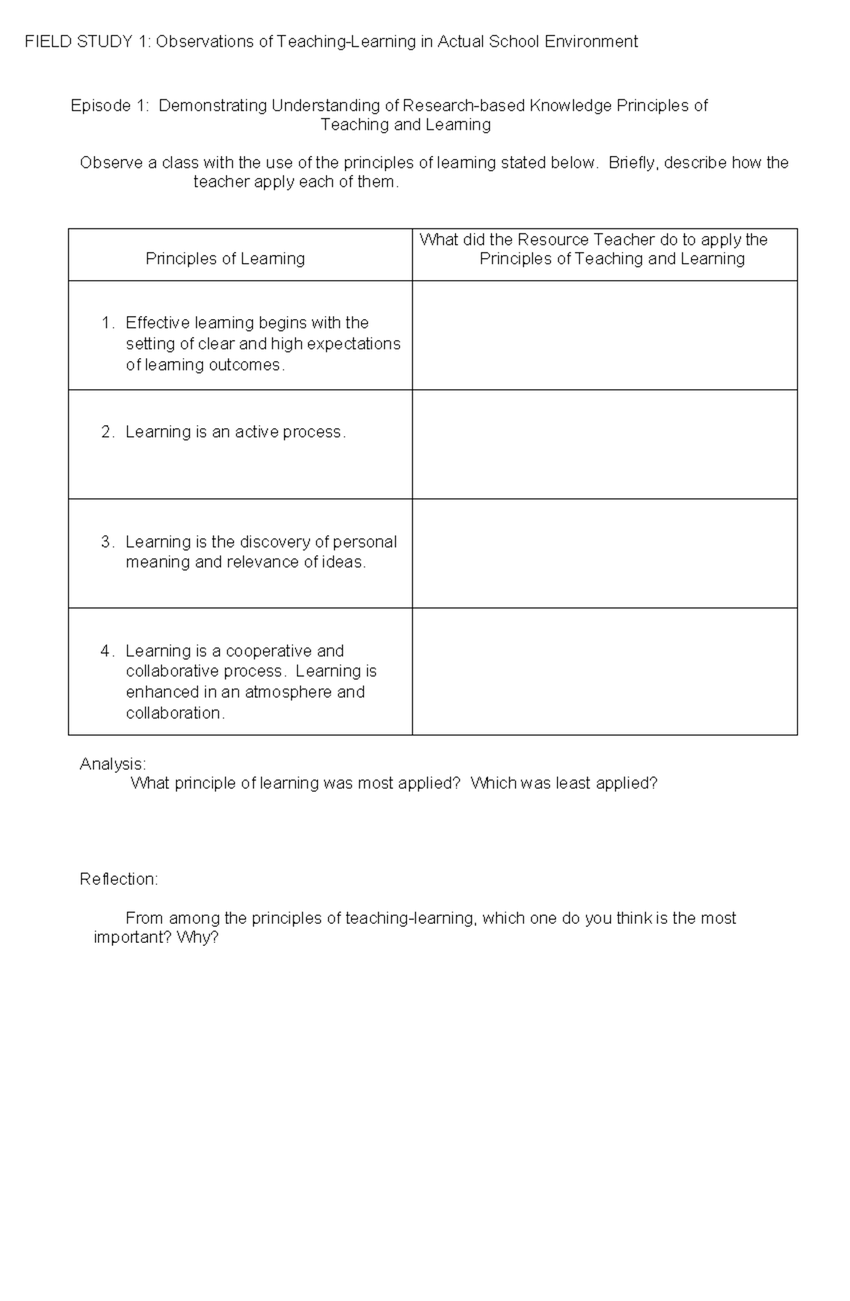 FS1Episode 1a - Episode - FIELD STUDY 1: Observations of Teaching ...