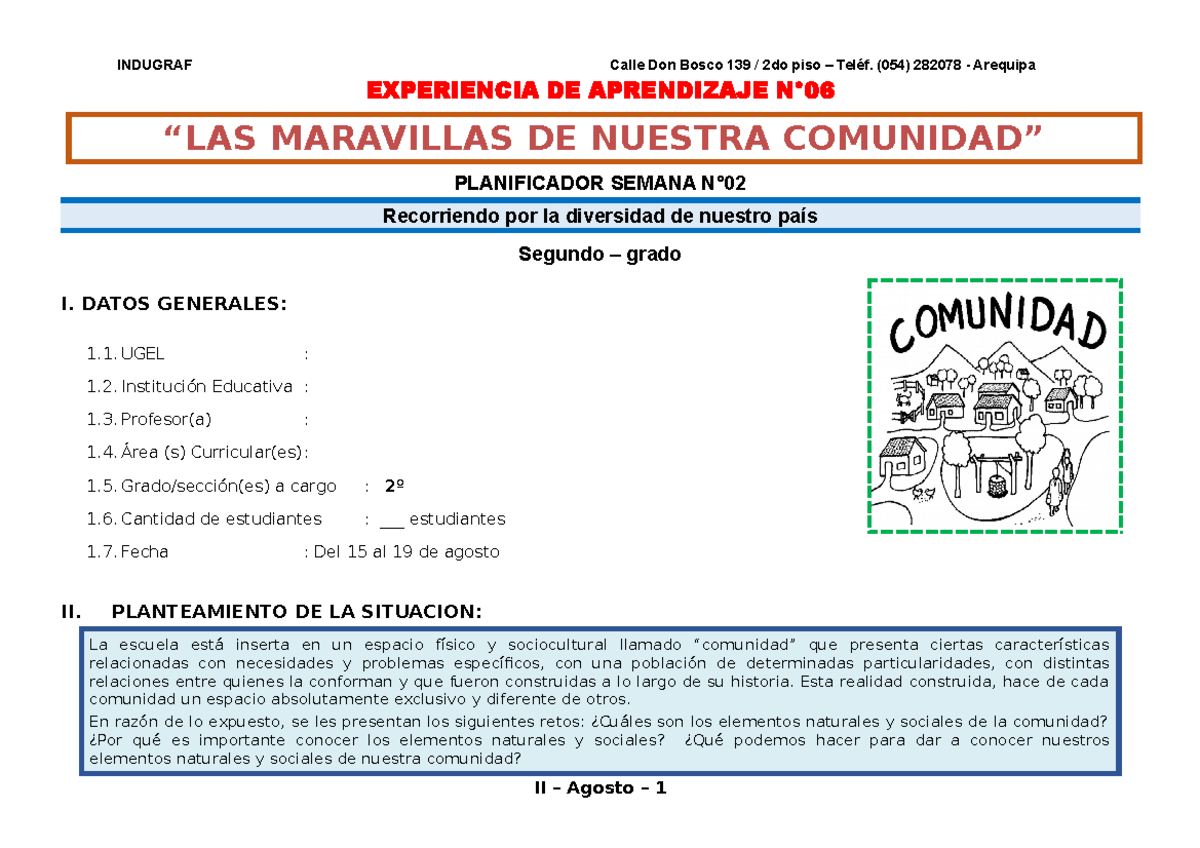 2° Grado - Planificador DEL 15 AL 19 DE Agosto - EXPERIENCIA DE ...