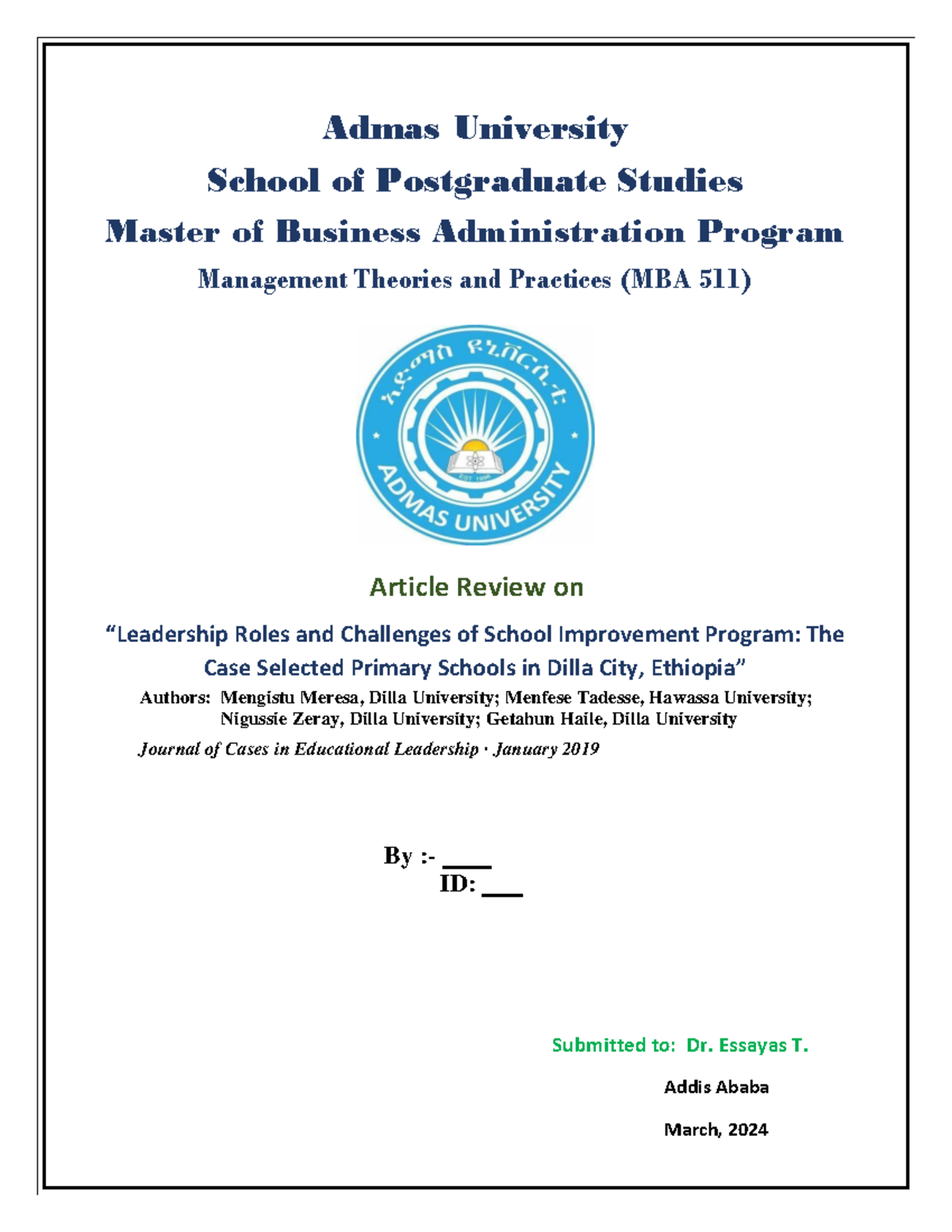 MTP Article Review Admas University - Admas University School of ...